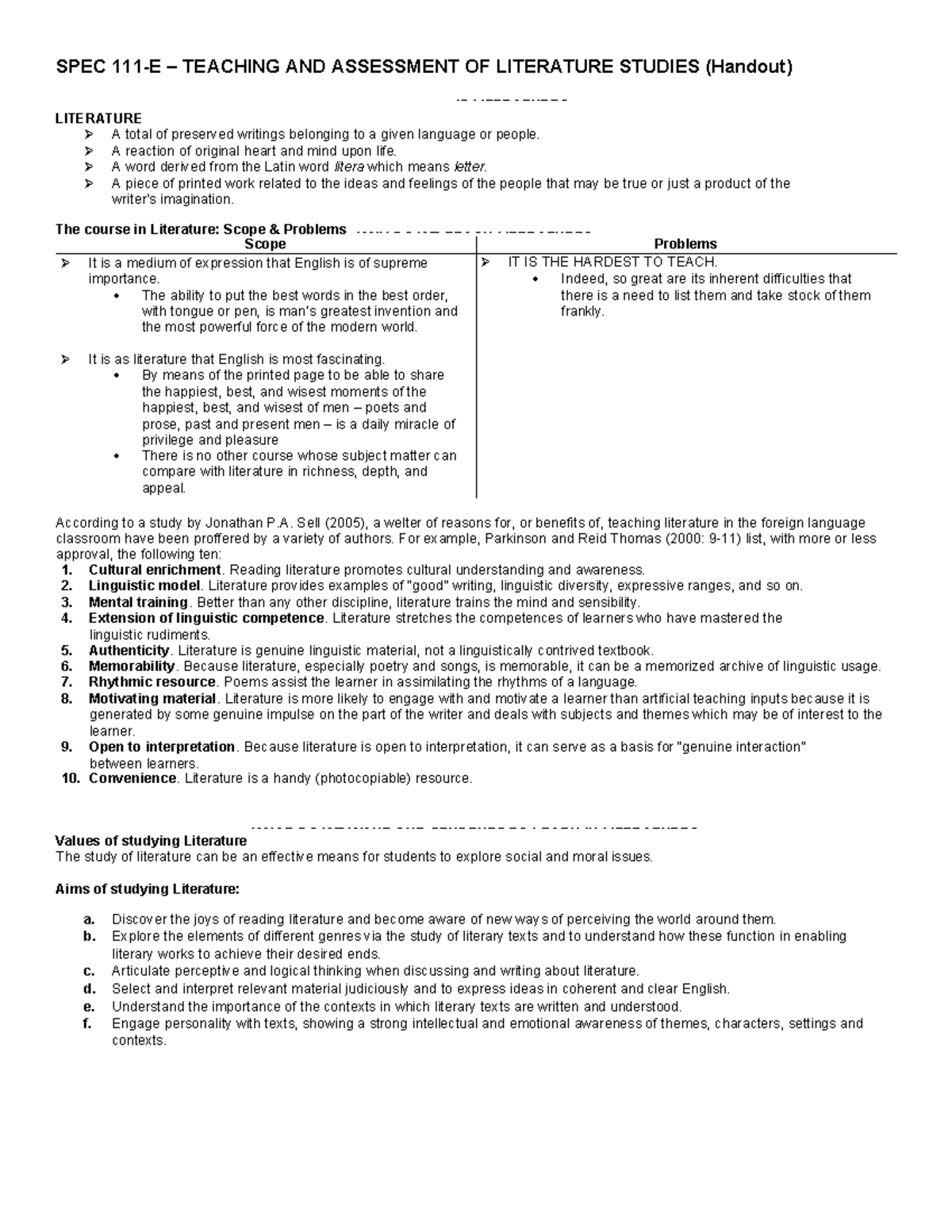Ta of literature studies handout - WHY DO WE TEACH LITERATURE? WHAT DO ...