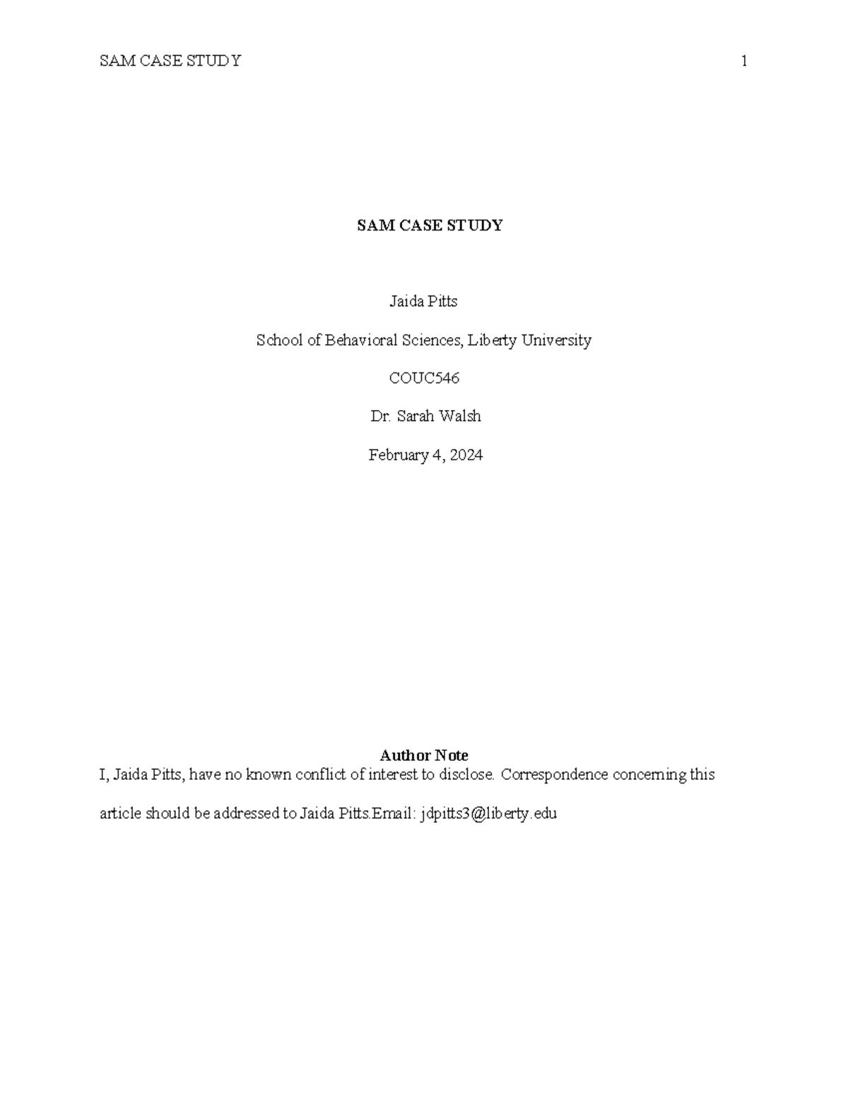 Sam Case Study - psychpathlogy - SAM CASE STUDY Jaida Pitts School of ...