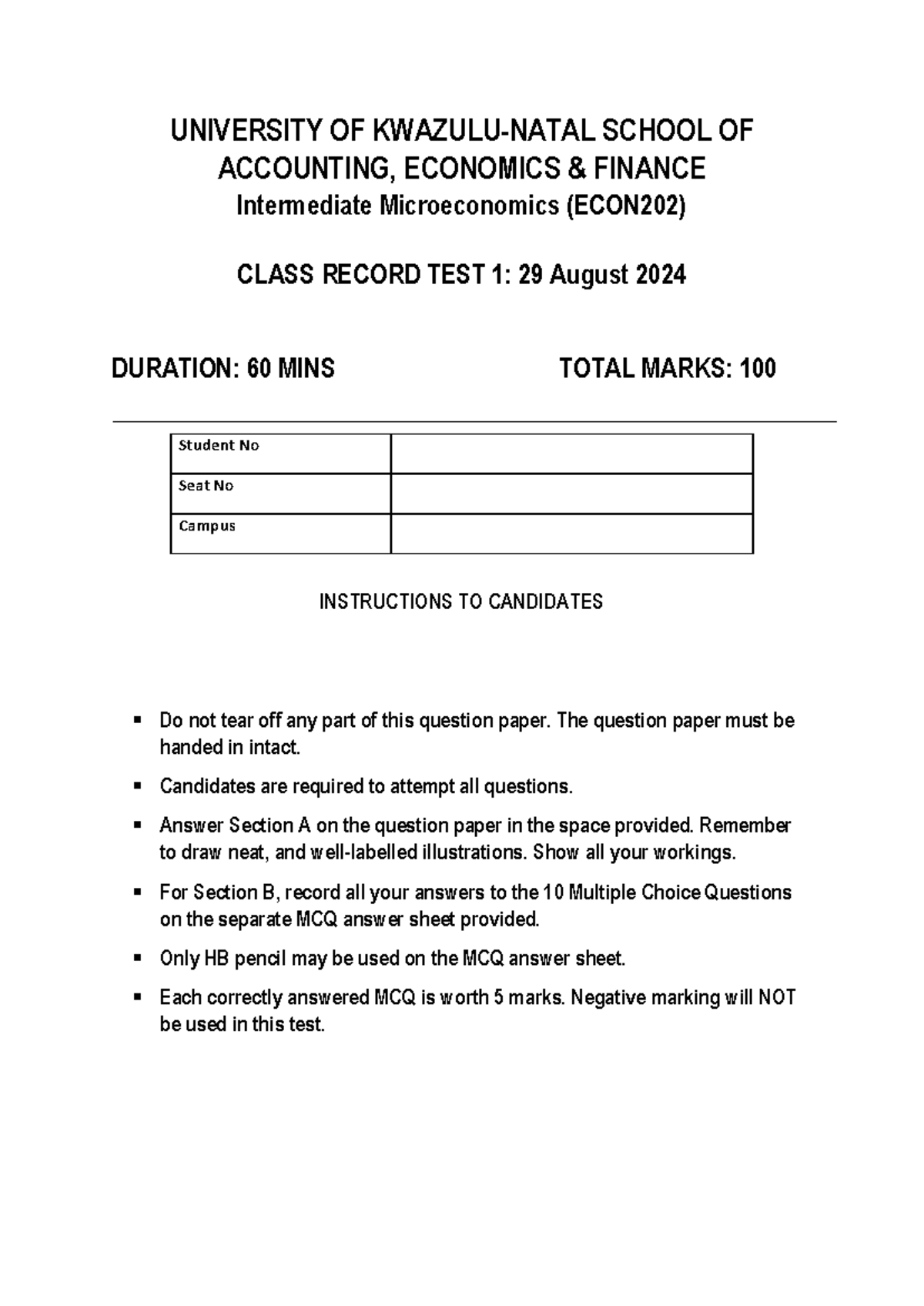 Test 1 2024 Econ Test 1 University Of Kwazulu Natal School Of