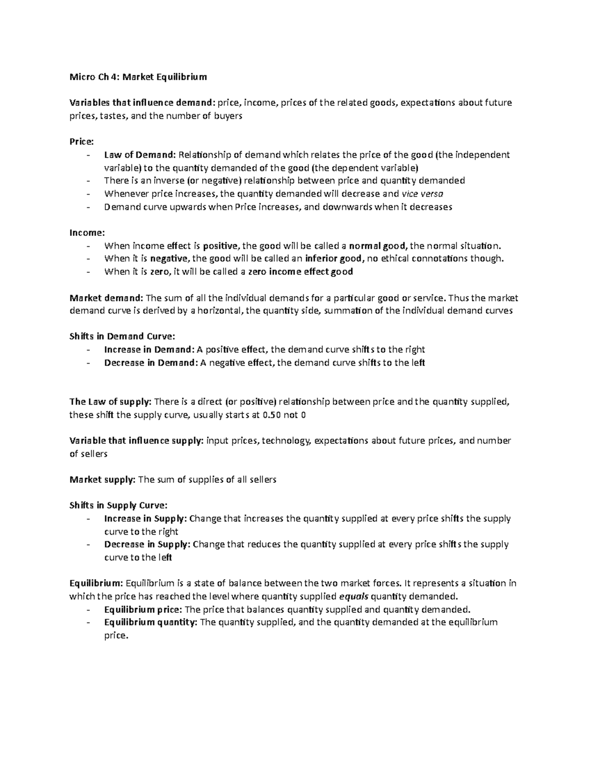 Microeconomics Ch. 4 - Micro Ch 4: Market Equilibrium Variables that ...