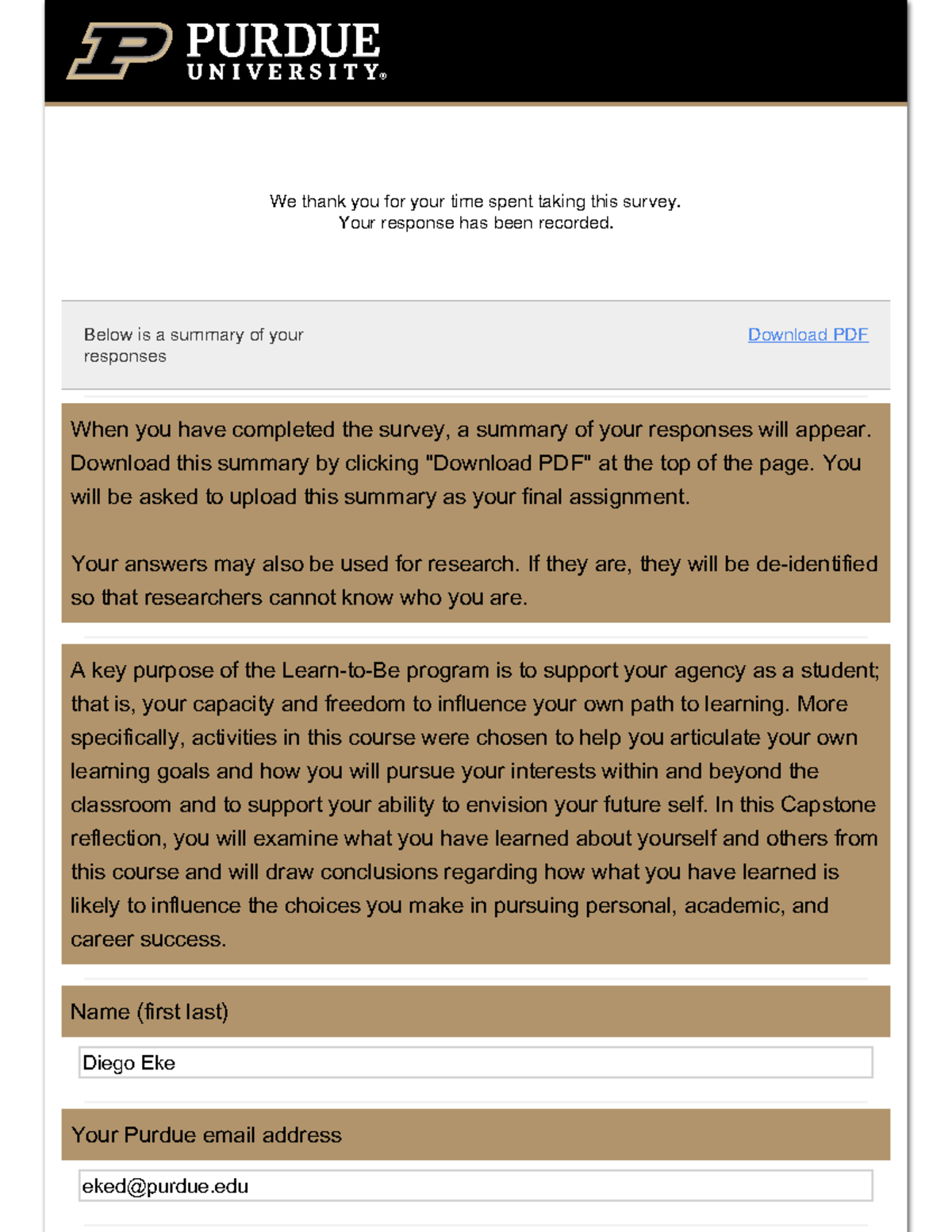Response Summary - n/a - Below is a summary of your responses Download PDF We thank you for your ...