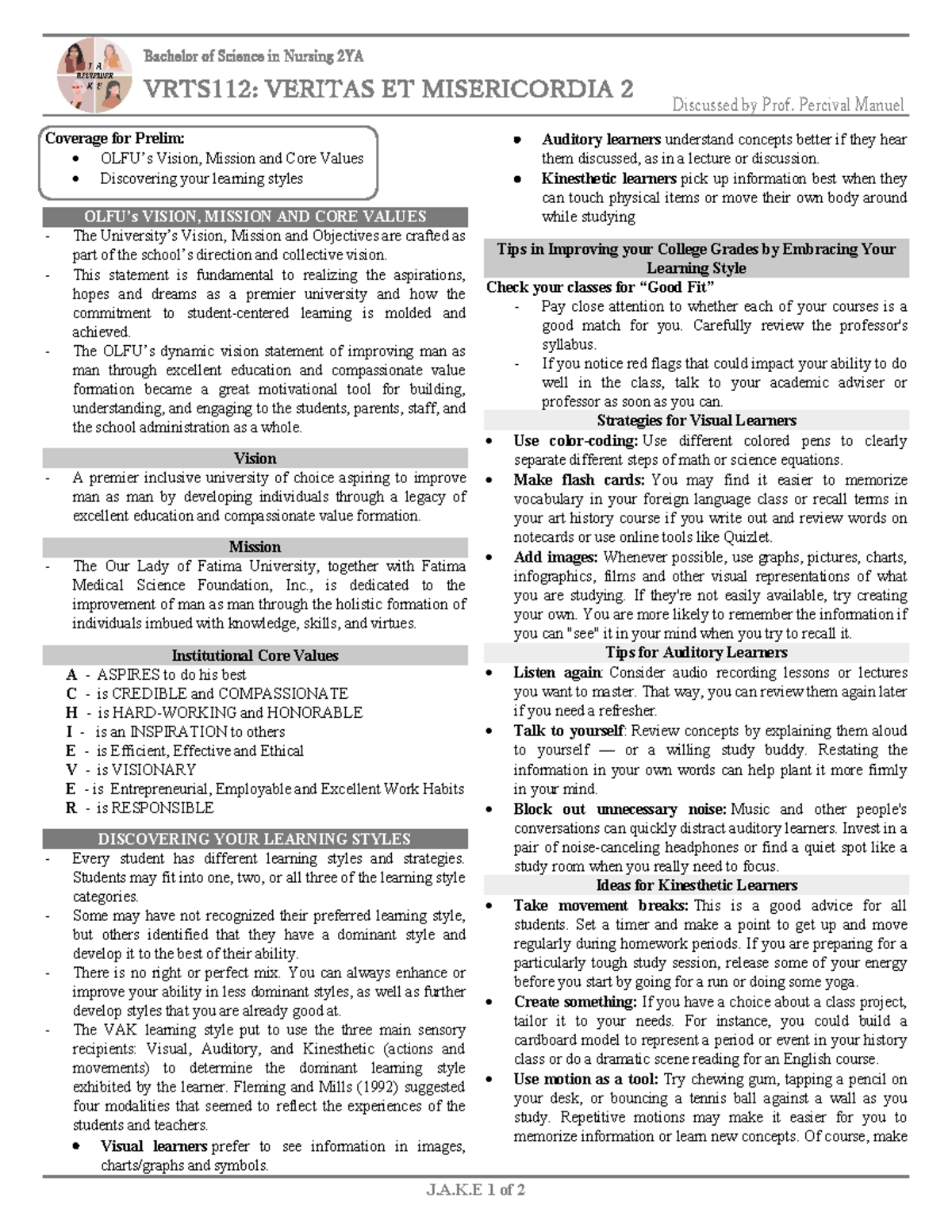 VRTS112 Prelim - for review - J.A.K 1 of 2 Bachelor of Science in Nursing 2 YA VRTS 112 ...