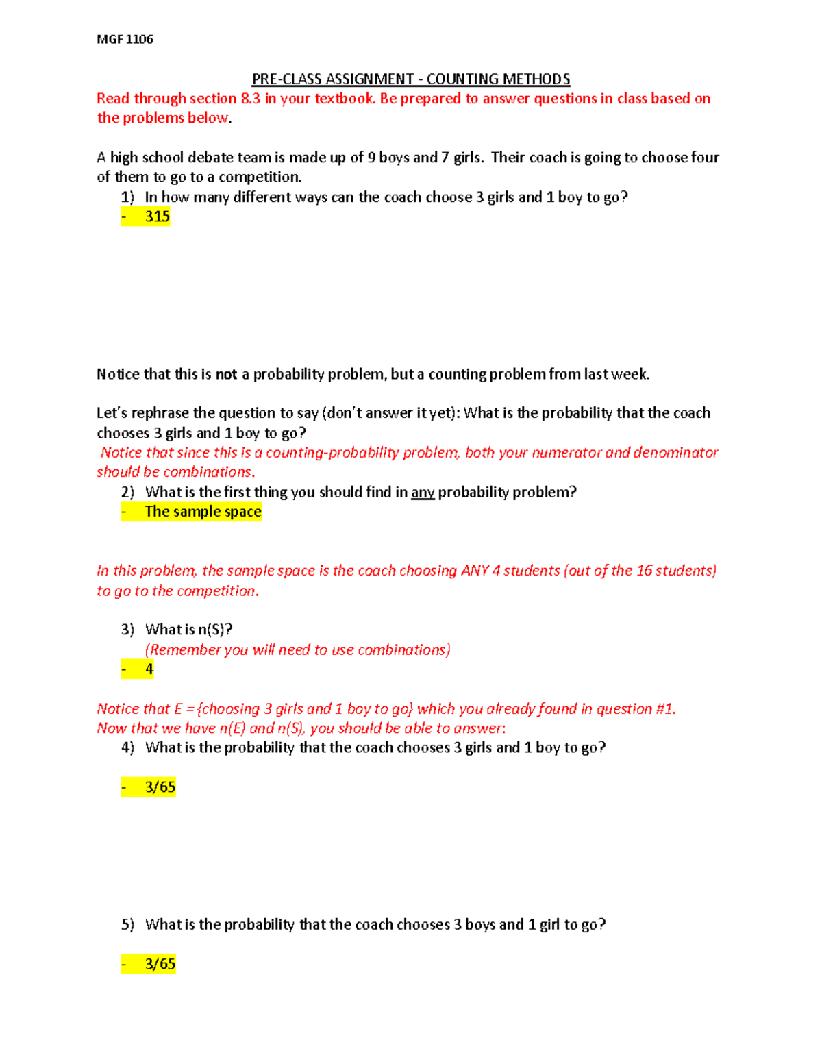 Pre-Class Week 6 (Probability using Counting) Fall - MGF 1106 PRE-CLASS ASSIGNMENT - COUNTING ...