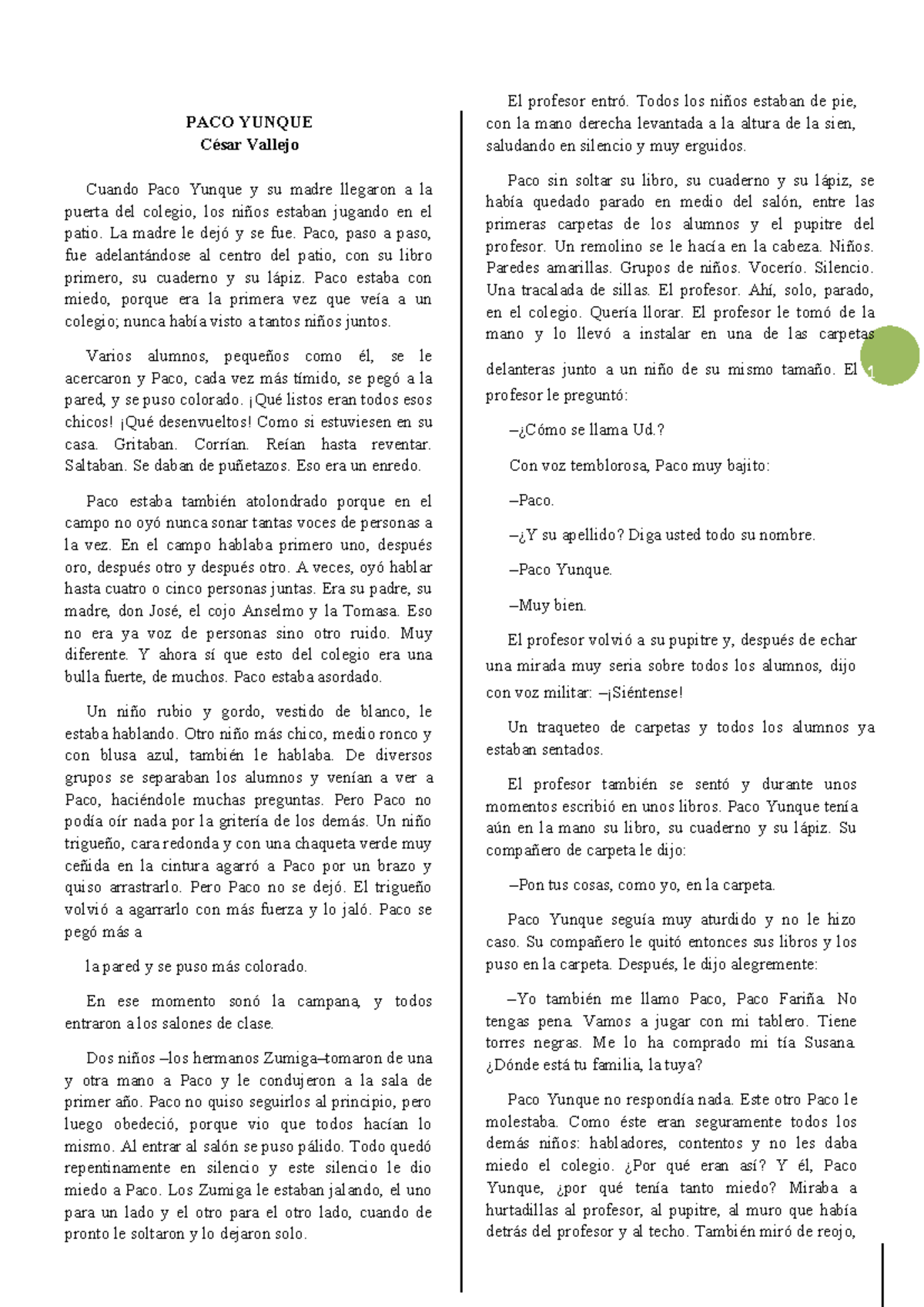Paco Yunque- Cuento - ,,,,, - PACO YUNQUE César Vallejo Cuando Paco ...
