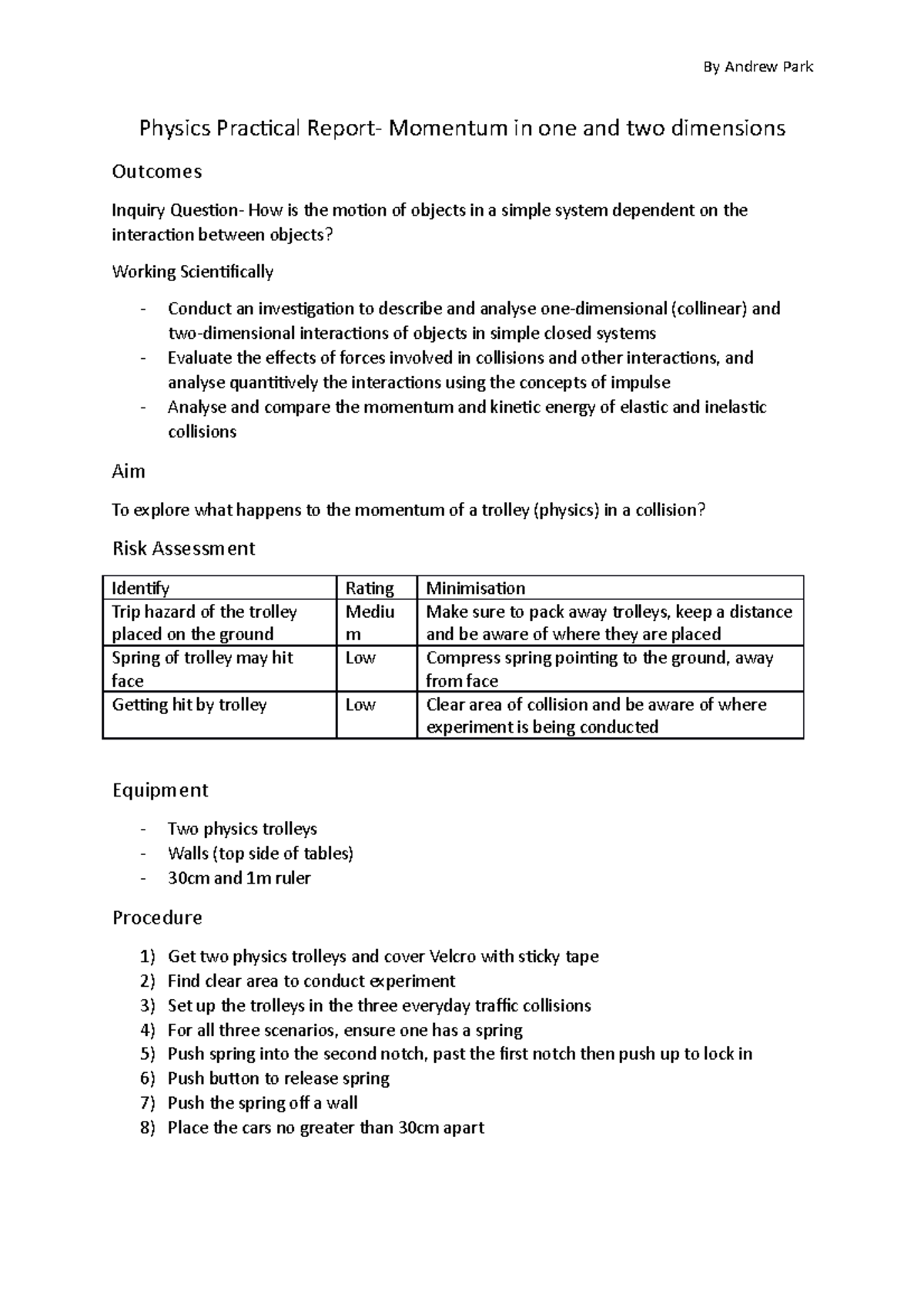 Physics Practical Report Momentum - The force exerted by both trolleys ...