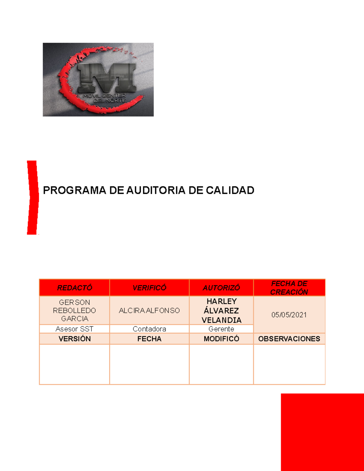 PRC009 Programa DE Auditoria DE Calidad - REDACTÓ VERIFICÓ AUTORIZÓ ...