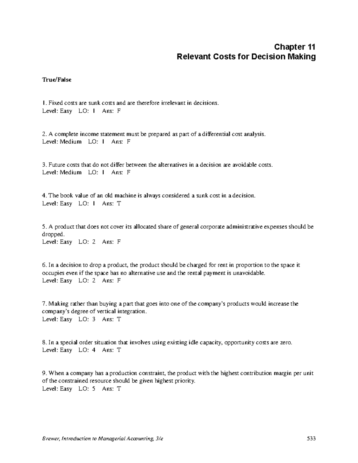 Chapter 11 Answer Key To Book Questions Chapter 11 Relevant Costs