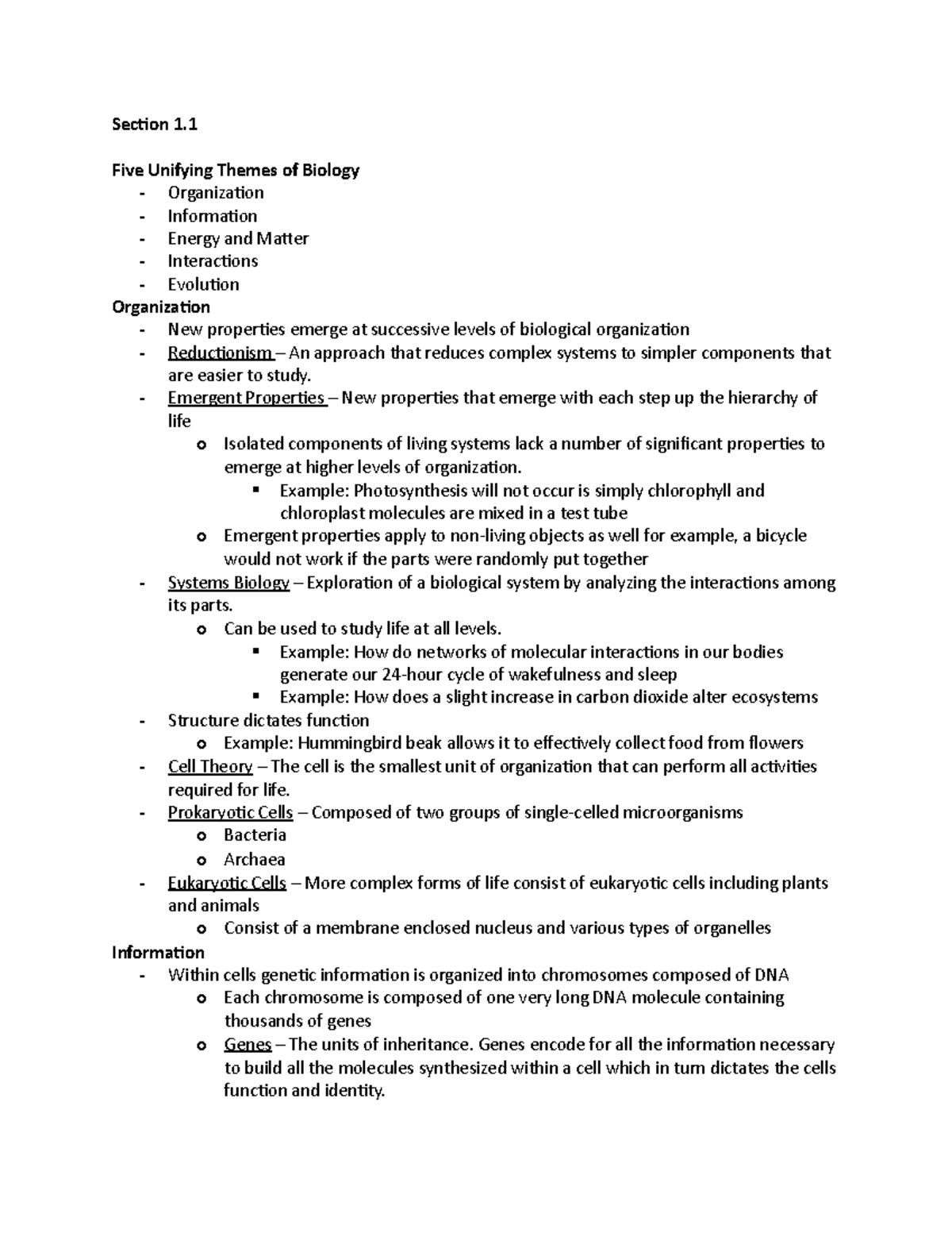 Biology I - Chapter 1 - Professor Joni Balmgarden - Section 1. Five ...