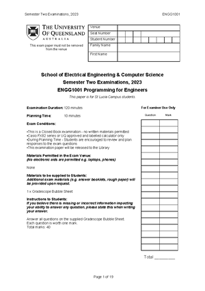 ENGG1001 2022 Sem 1 & Sem 2 - 1. D 2. E (both a and c) 3 4 5. A 6. B ( a refers to the index and ...