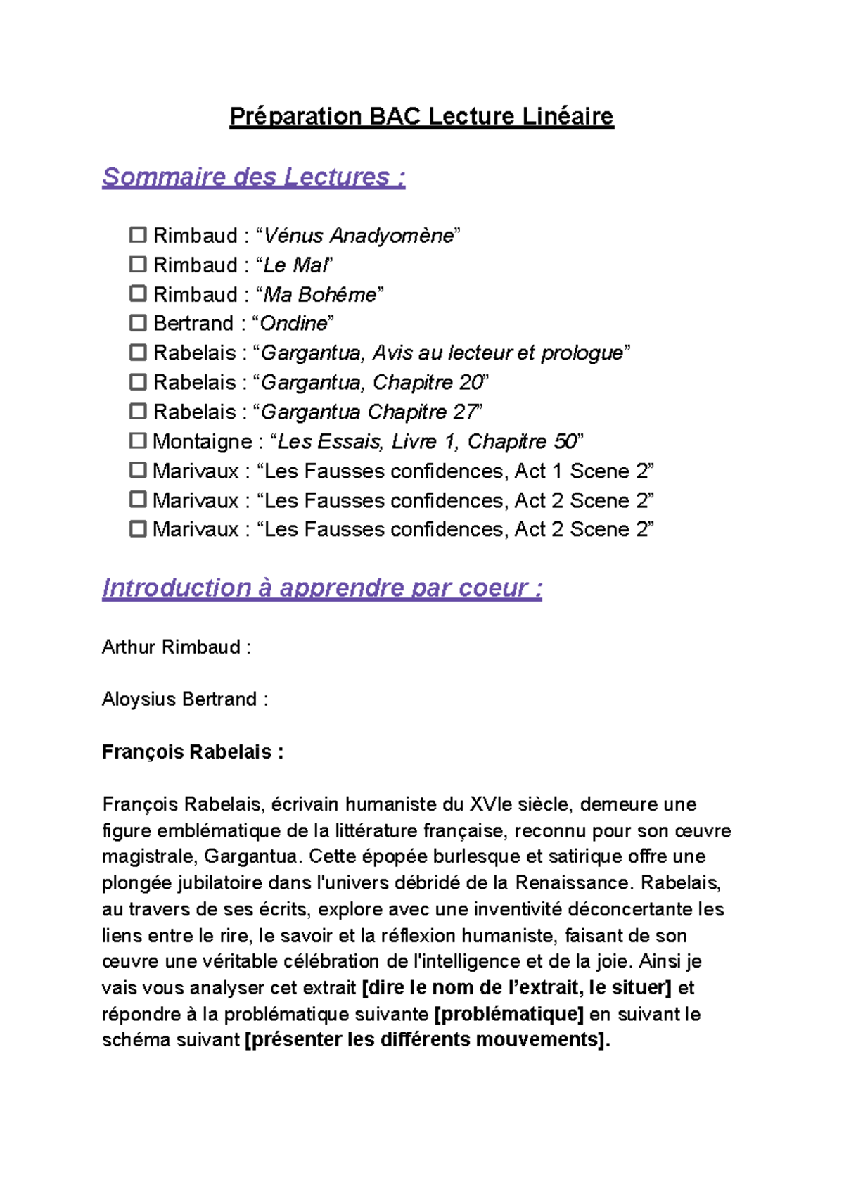 Lecture Lineaire bac 2024 - Préparation BAC Lecture Linéaire Sommaire ...