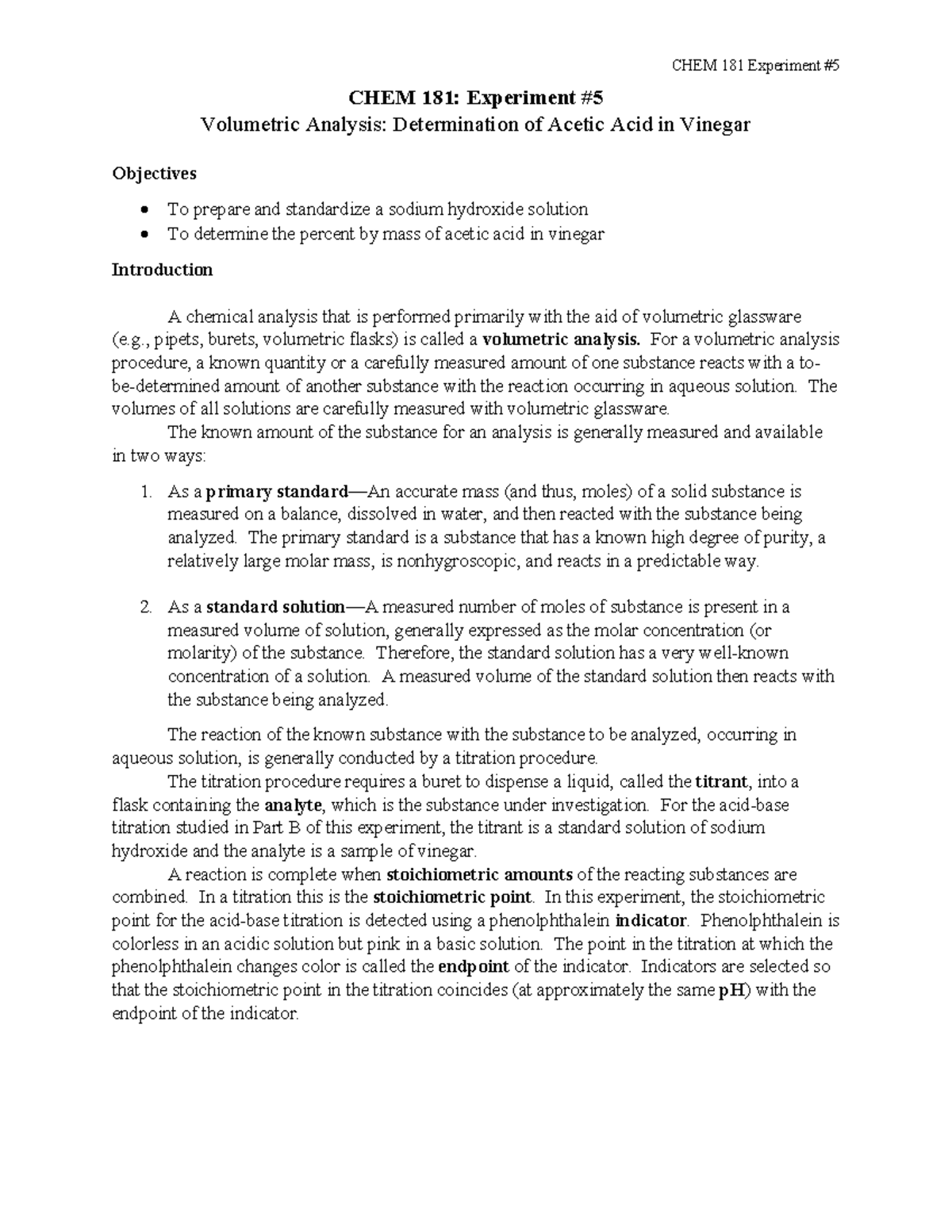 CHEM 181 #5 Volumetric Analysis - CHEM 181: Experiment Volumetric Analysis: Determination of ...