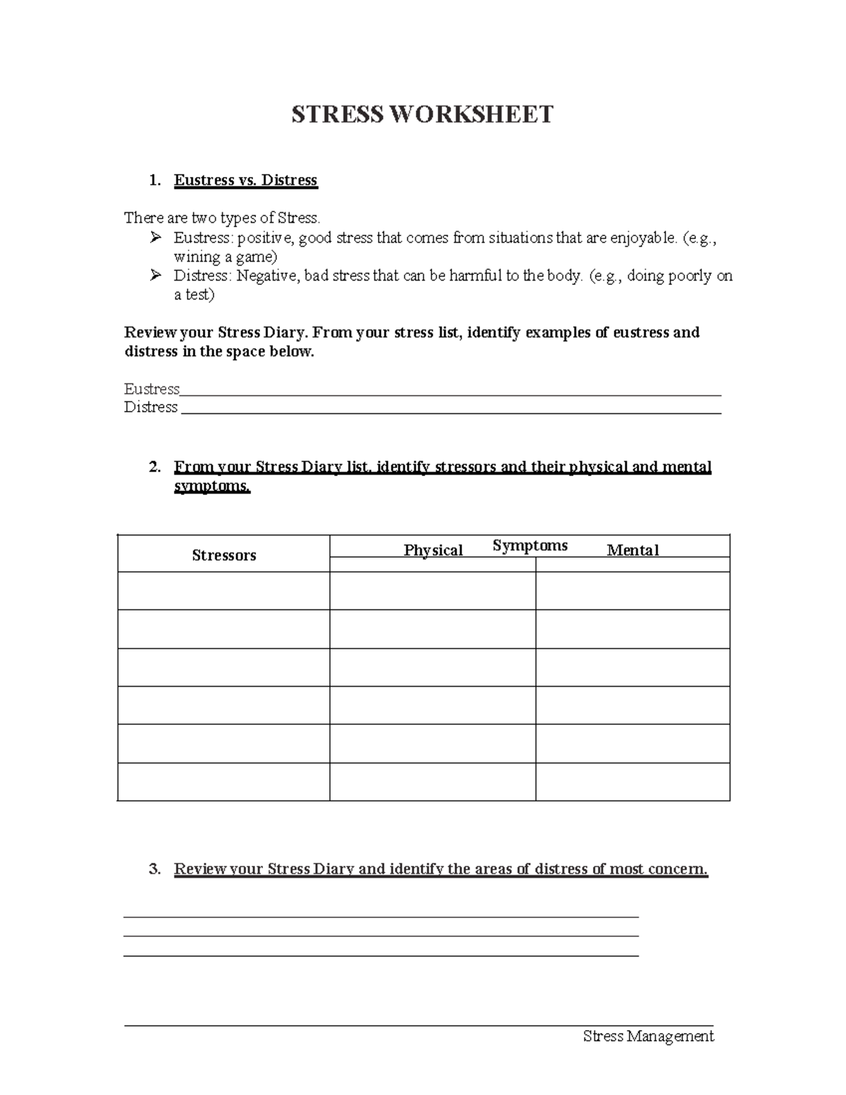 Stress Worksheet - Stress Management STRESS WORKSHEET Eustress vs ...