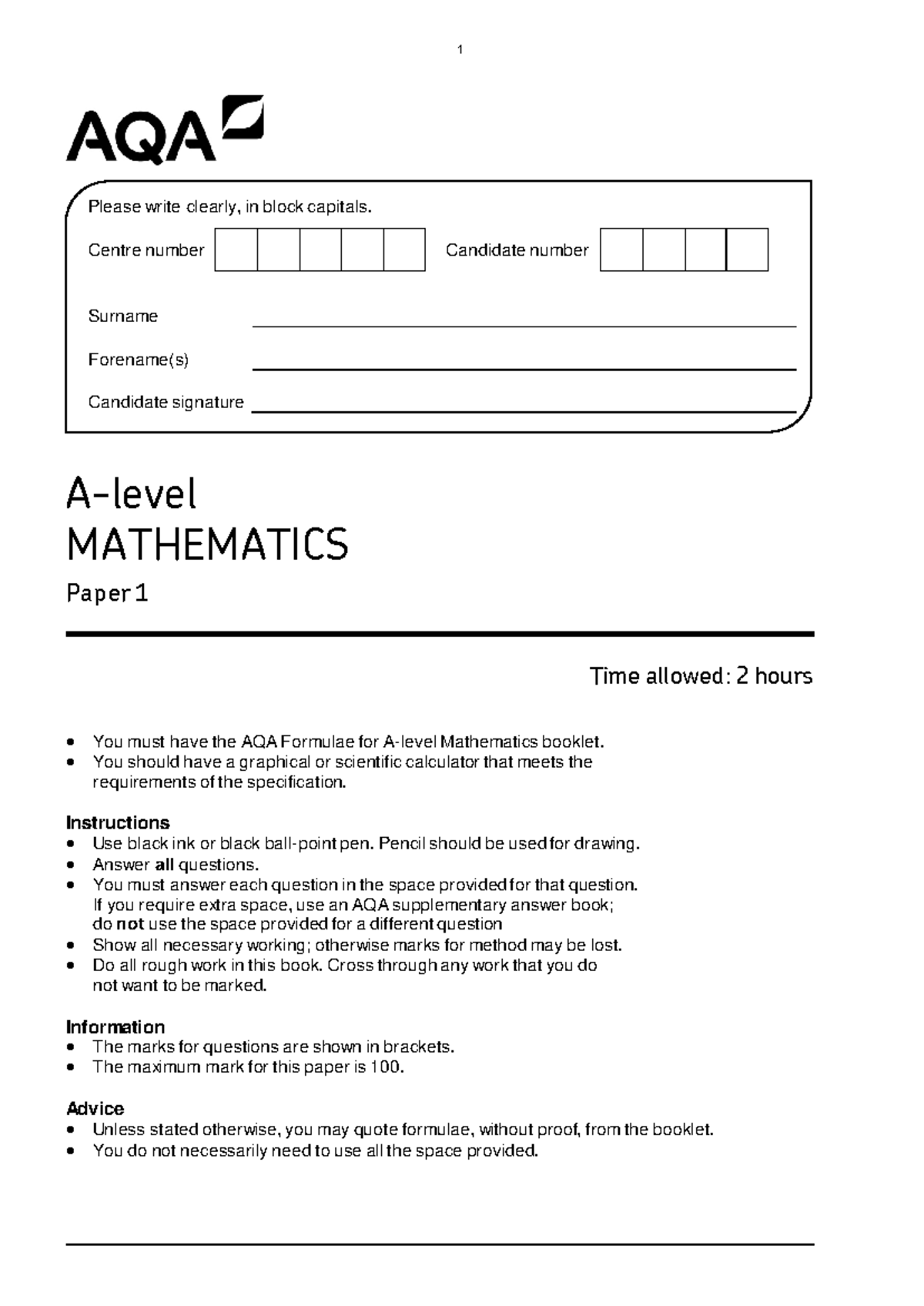 Mock paper 1 final - practise - A-level MATHEMATICS Paper 1 Time ...