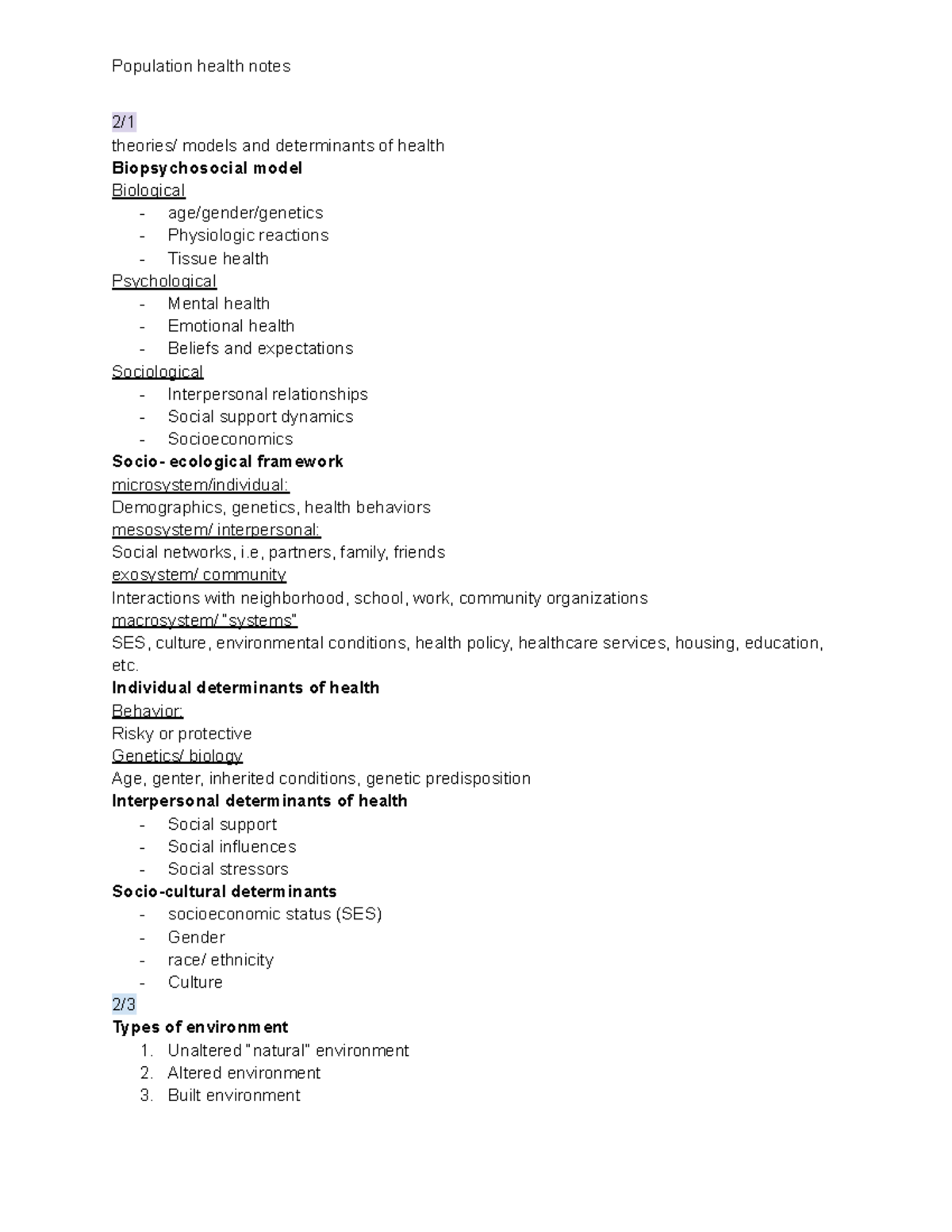 POPH notes - 2/ theories/ models and determinants of health ...