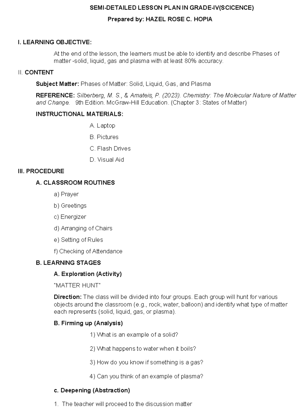 Types of matter - lesson plan - SEMI-DETAILED LESSON PLAN IN GRADE-IV ...
