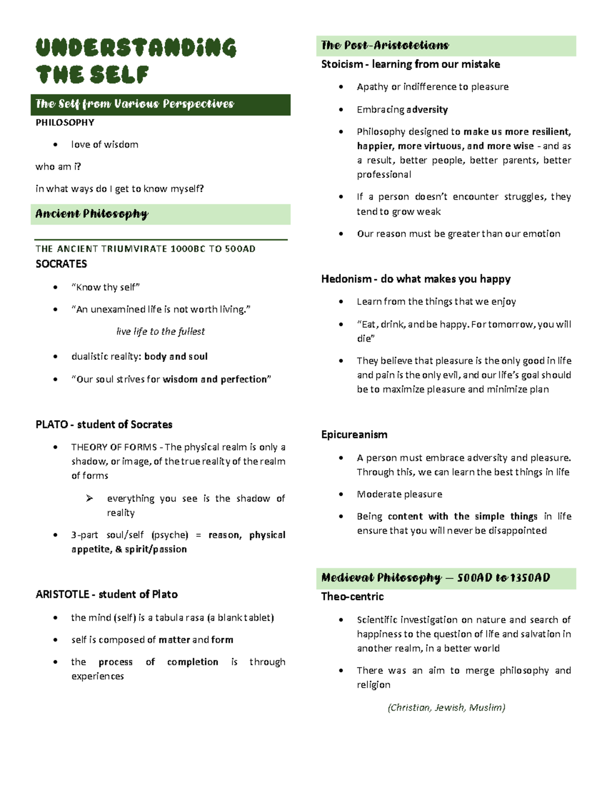 Understanding THE SELF - UNDERSTANDING THE SELF The Self from Various ...