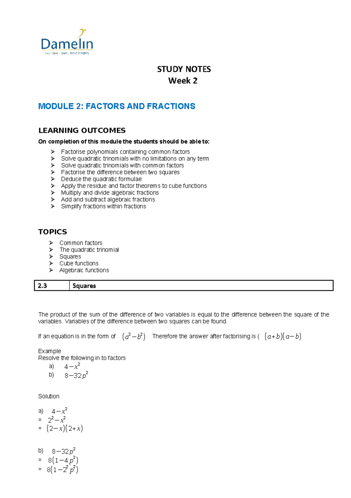 FACTORS AND FRACTIONS 2 - STUDY NOTES Week 2 MODULE 2: FACTORS AND ...