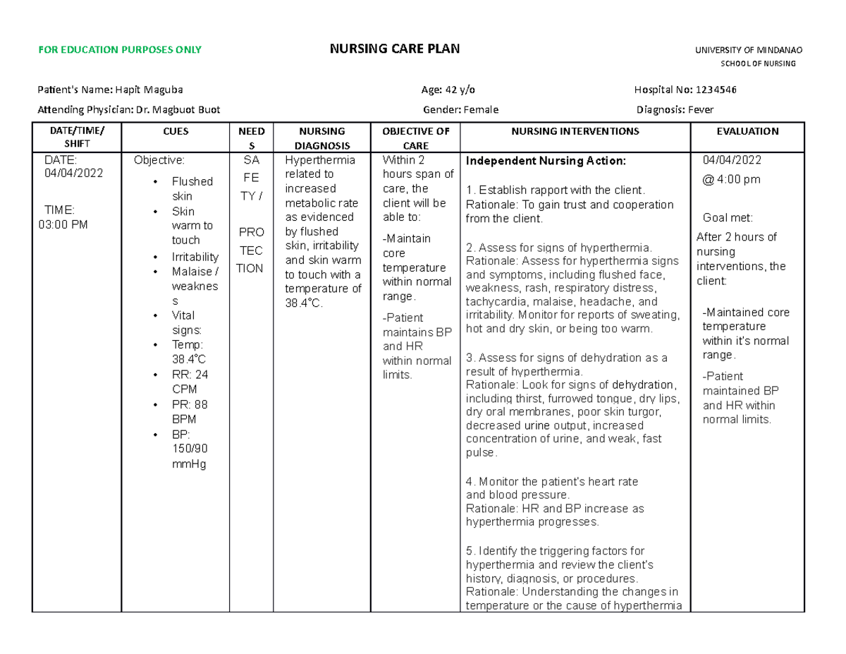 NCP- Fever - FOR EDUCATION PURPOSES ONLY NURSING CARE PLAN UNIVERSITY ...