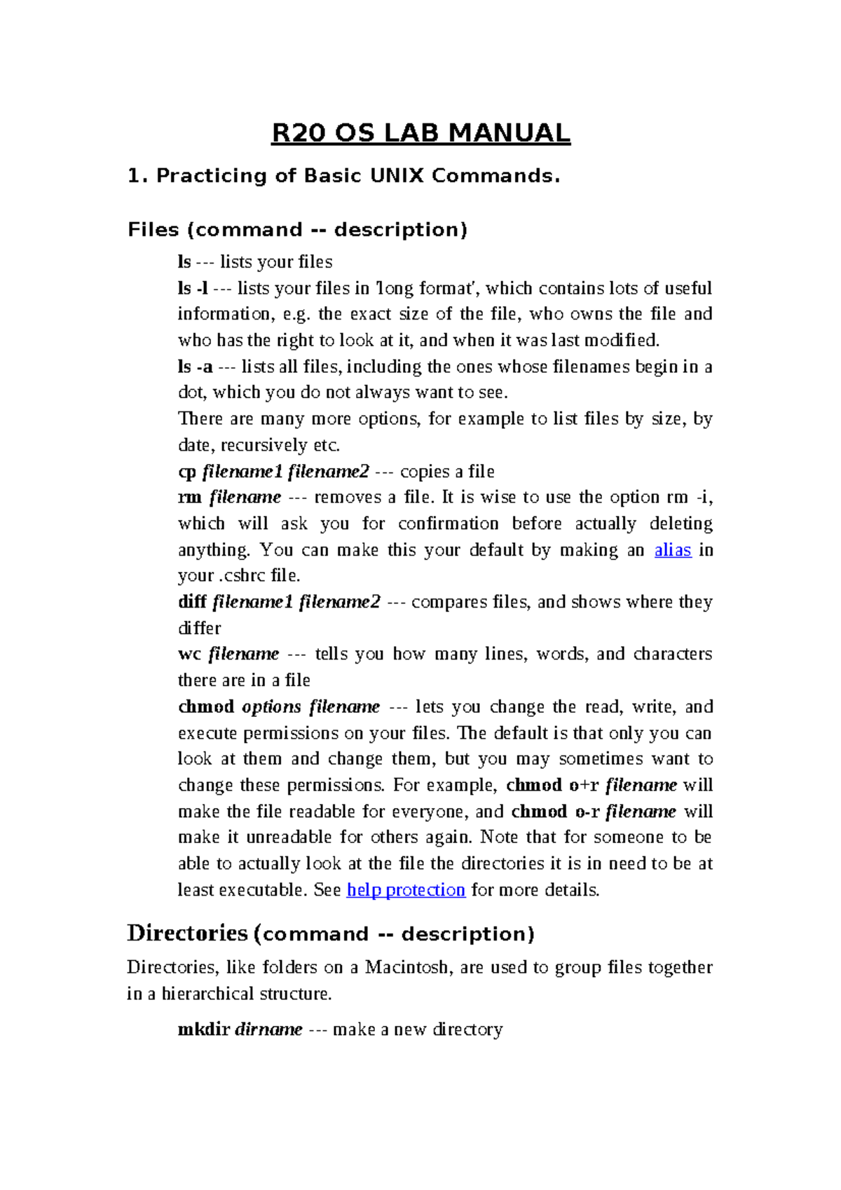OS R20 LAB Manual - cxv - R20 OS LAB MANUAL 1. Practicing of Basic UNIX Commands. Files (command ...