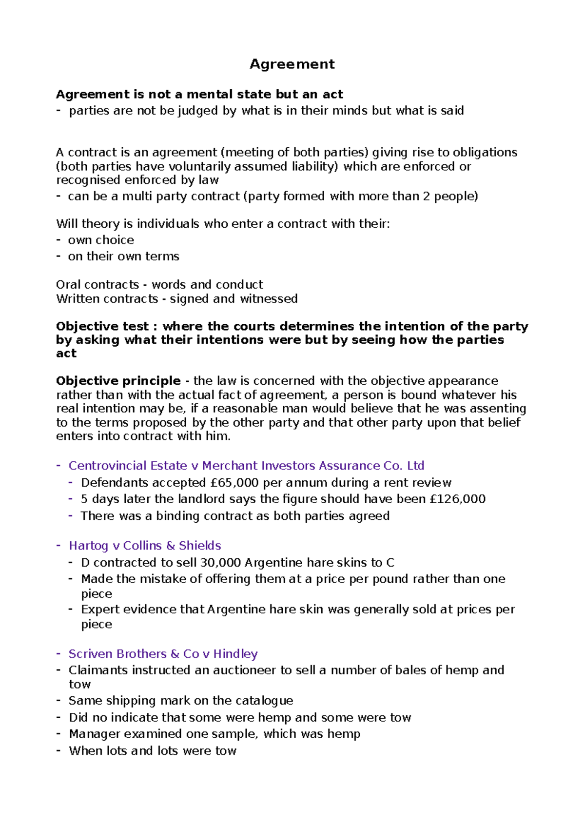 Agreement - notes from module guide - Agreement Agreement is not a ...