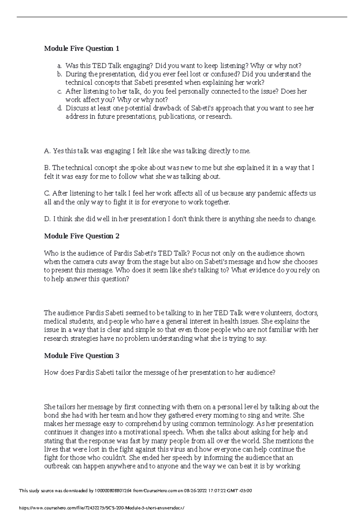 SCS 200 Module 5 short answers - Module Five Question 1 a. Was this TED ...