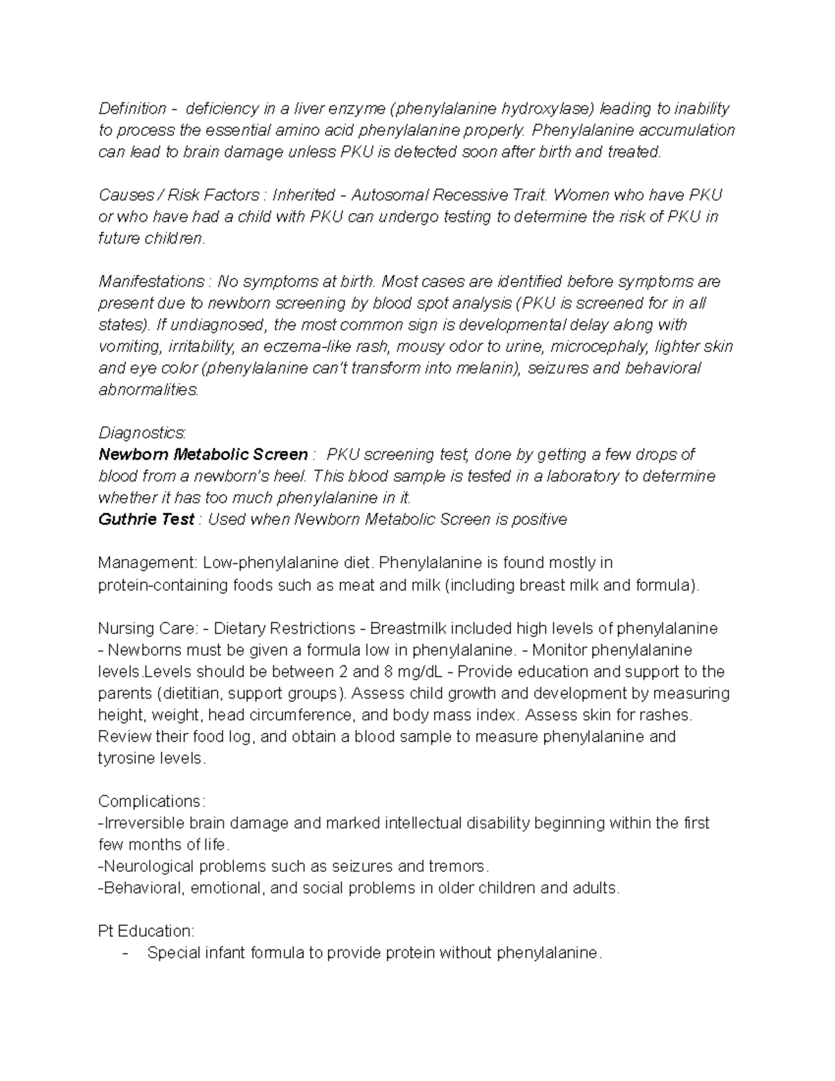 PKU - PKU - Definition - deficiency in a liver enzyme (phenylalanine ...