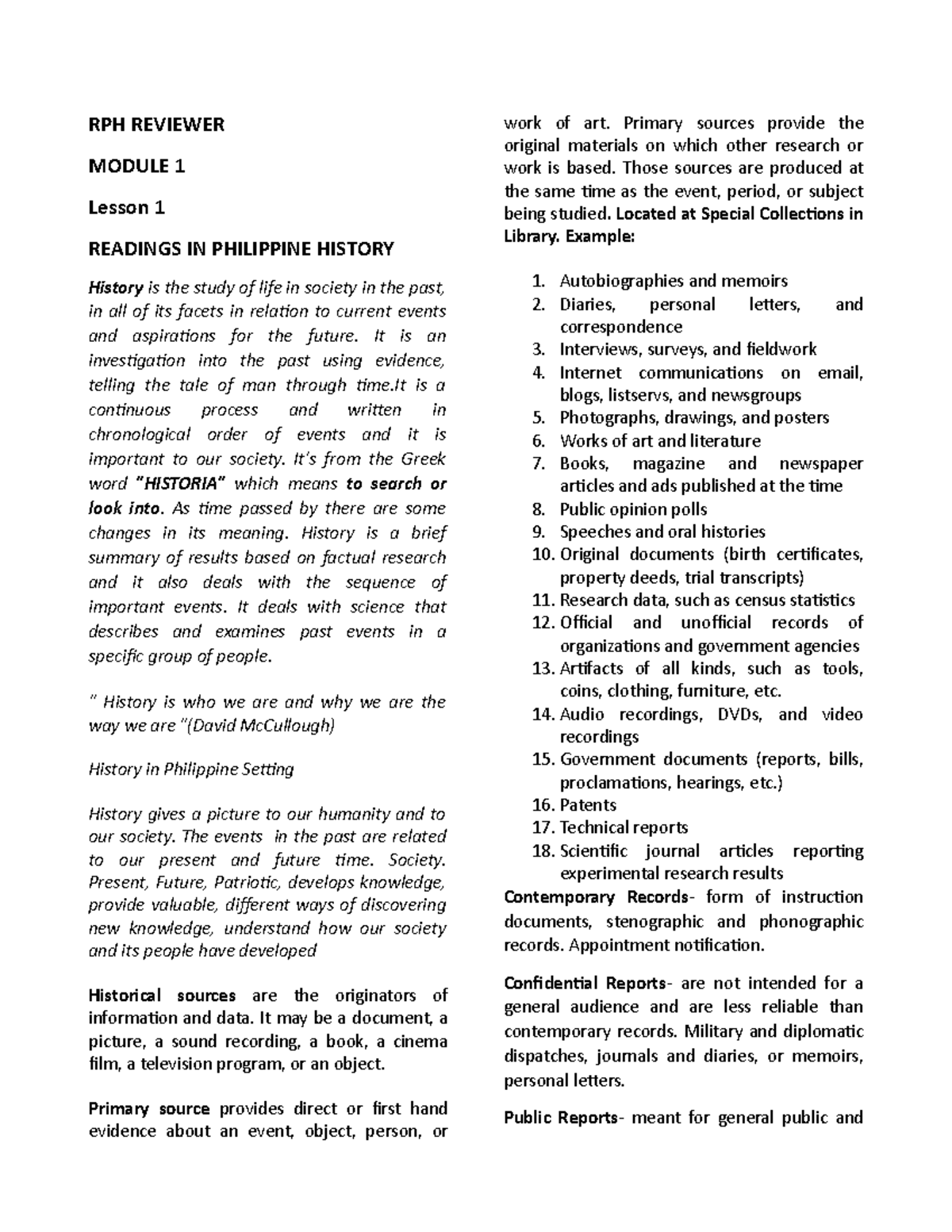 RPH- Reviewer - RPH REVIEWER MODULE 1 Lesson 1 READINGS IN PHILIPPINE ...