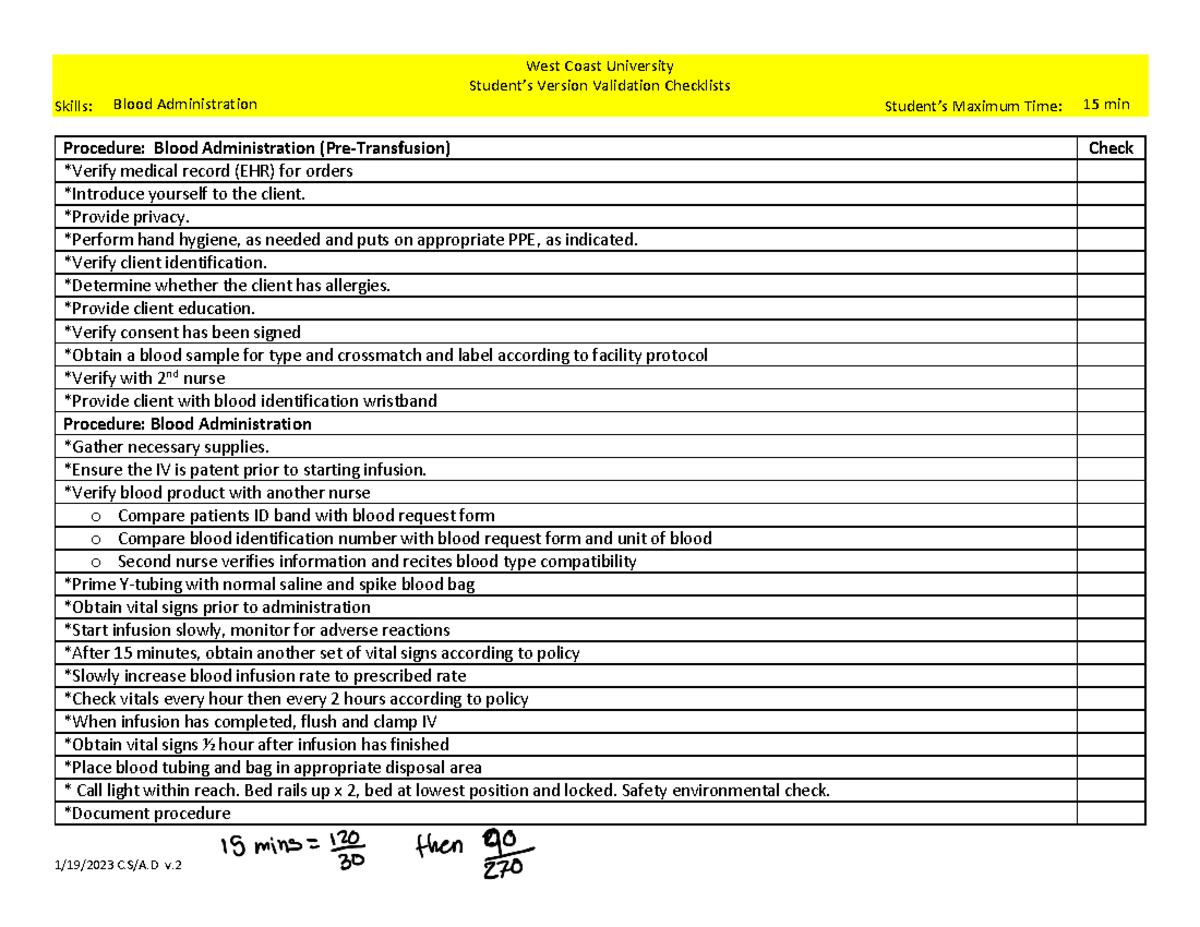 Blood Administration Skill - West Coast University Student’s Version ...