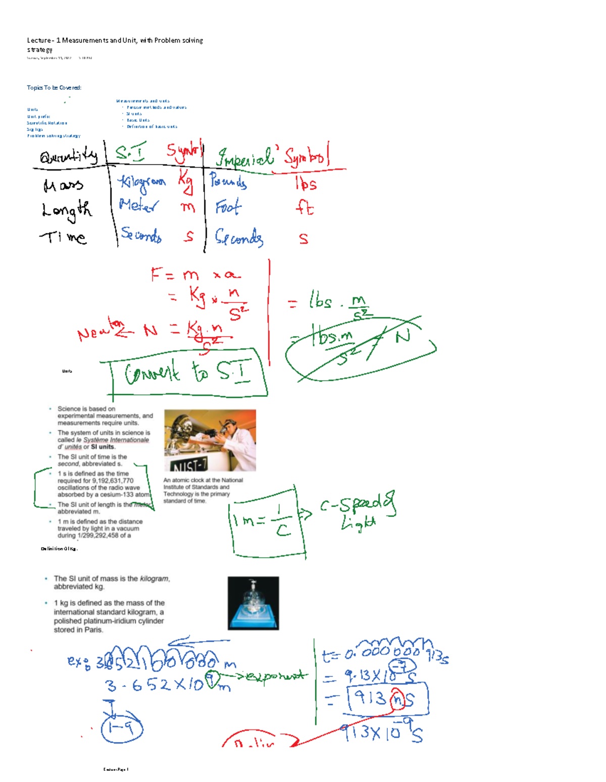 Lecture 1 annotated - Notes - Definition Of Kg: Units Topics To be ...