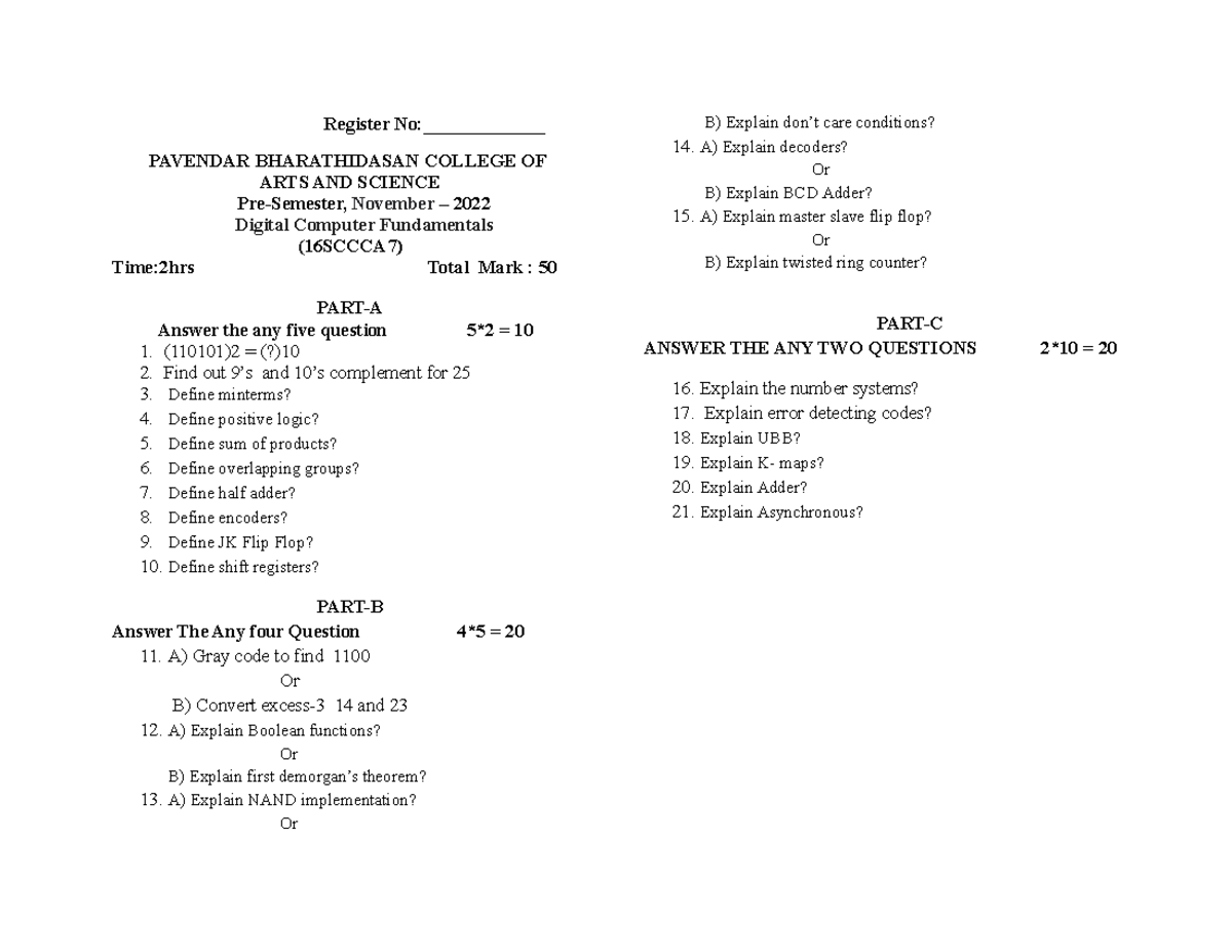 Digital Computer Fundamentals - Register No:_____________ PAVENDAR ...