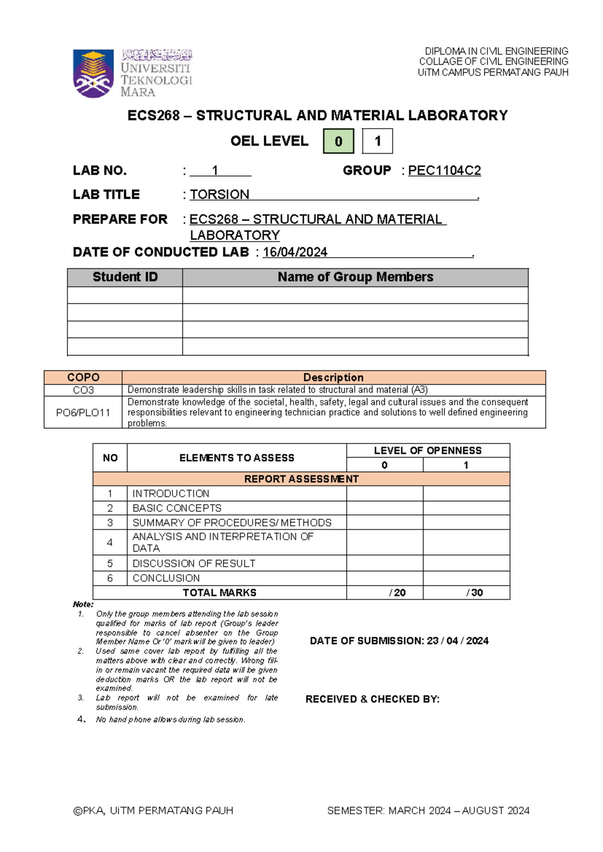 Torsion lab ecs268 - LAB NO. : 1 GROUP : PEC1104C LAB TITLE : TORSION. PREPARE FOR : ECS268 ...