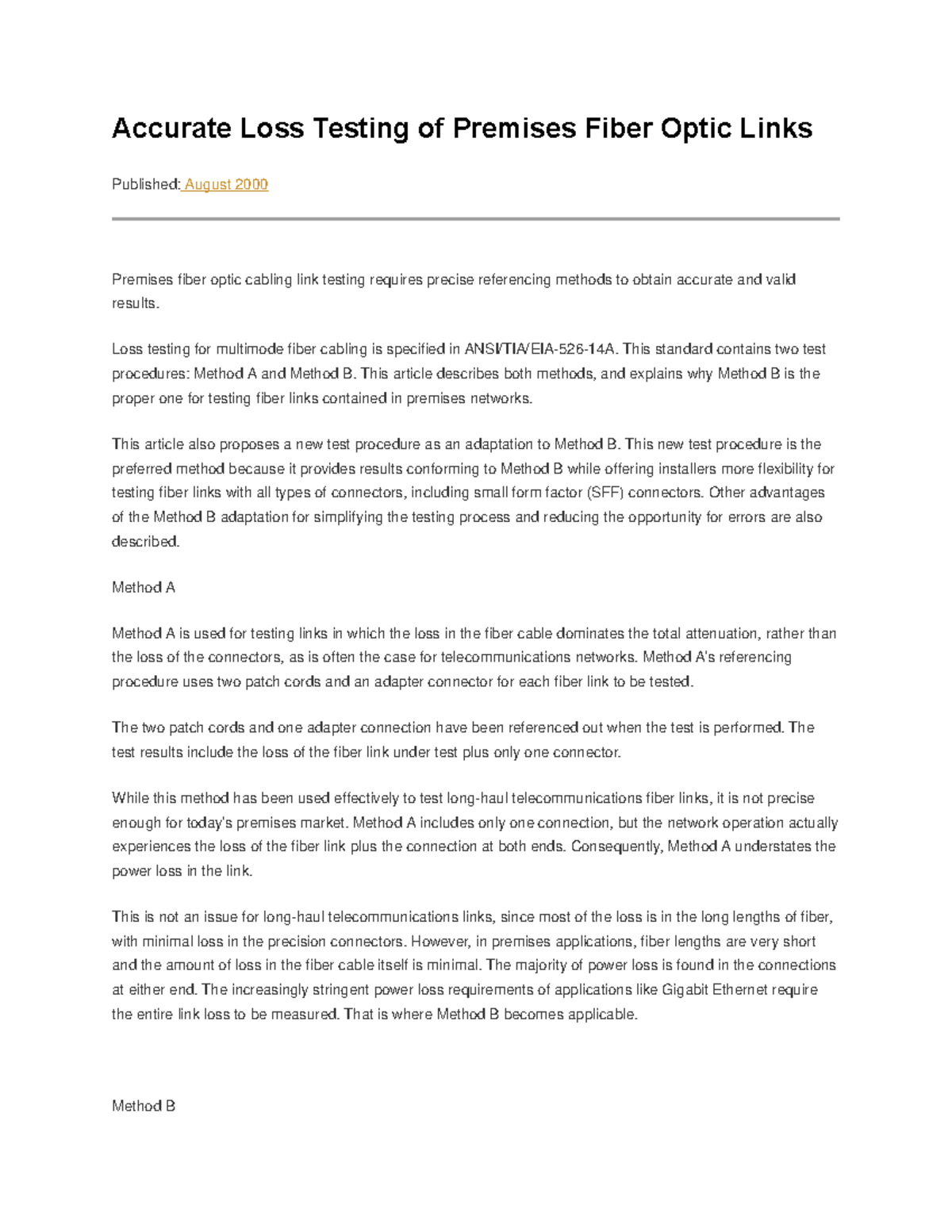 Accurate Loss Testing of Premises Fiber Optic Links - Loss testing for ...