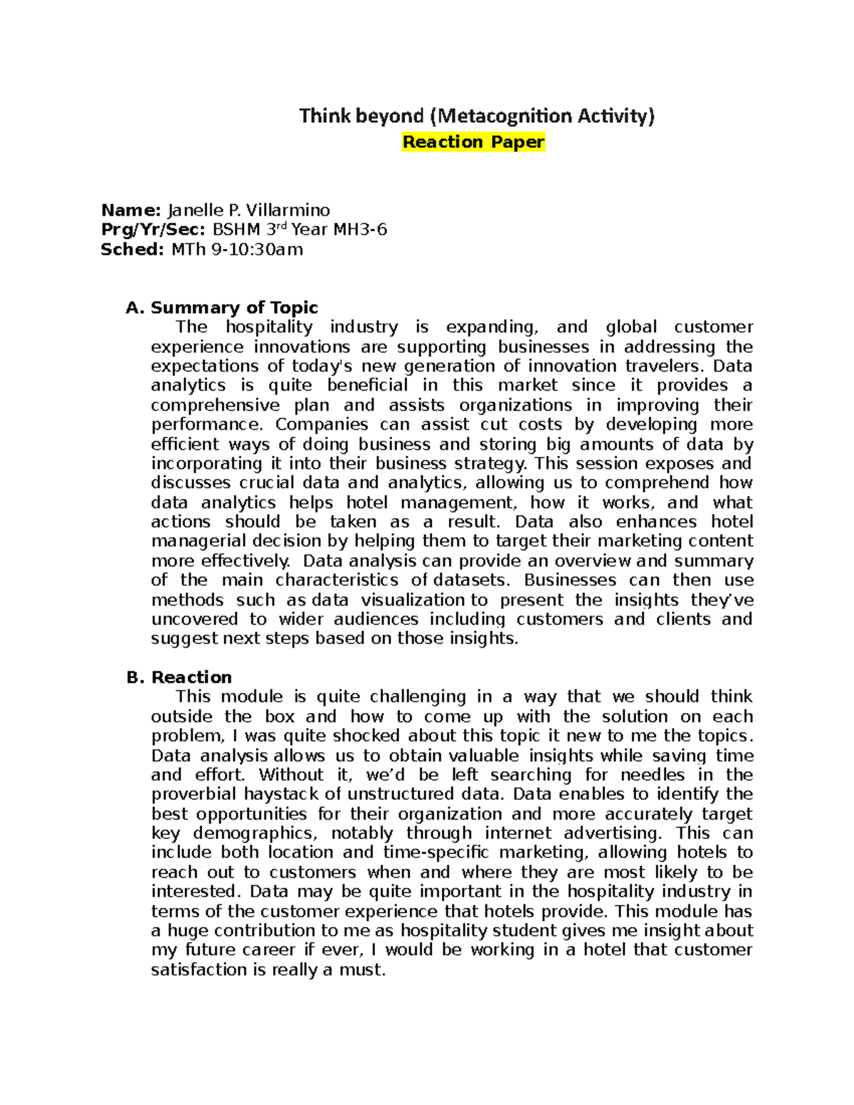 Reflection Paper - Think beyond (Metacognition Activity) Reaction Paper ...