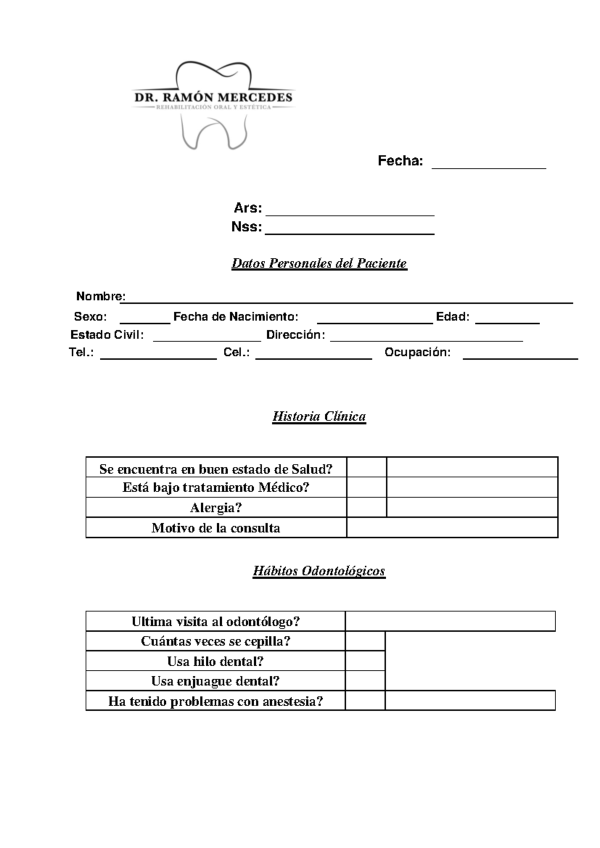Modelo DE Ficha Dental - Datos Personales del Paciente Historia Clínica ...