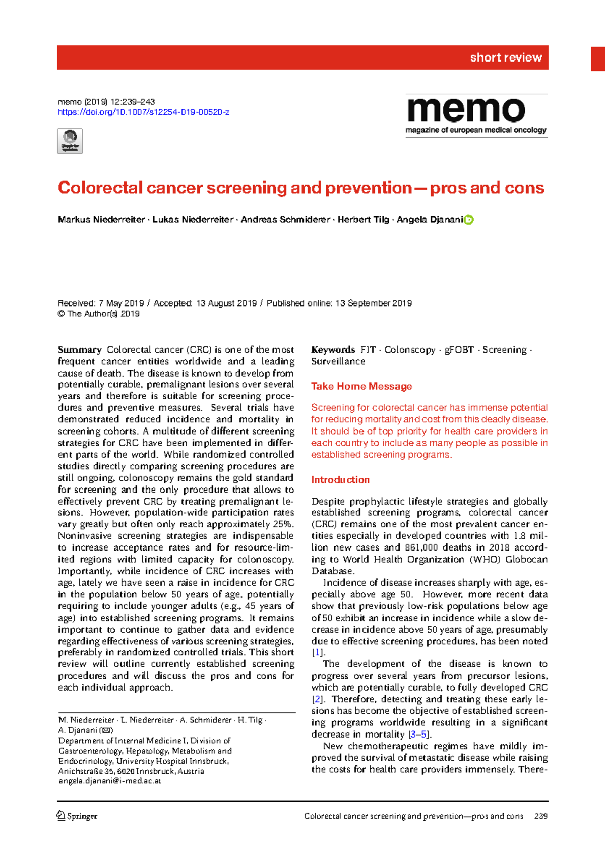 Colon cancer screening test - memo (2019) 12:239– doi/10.1007/s12254 ...