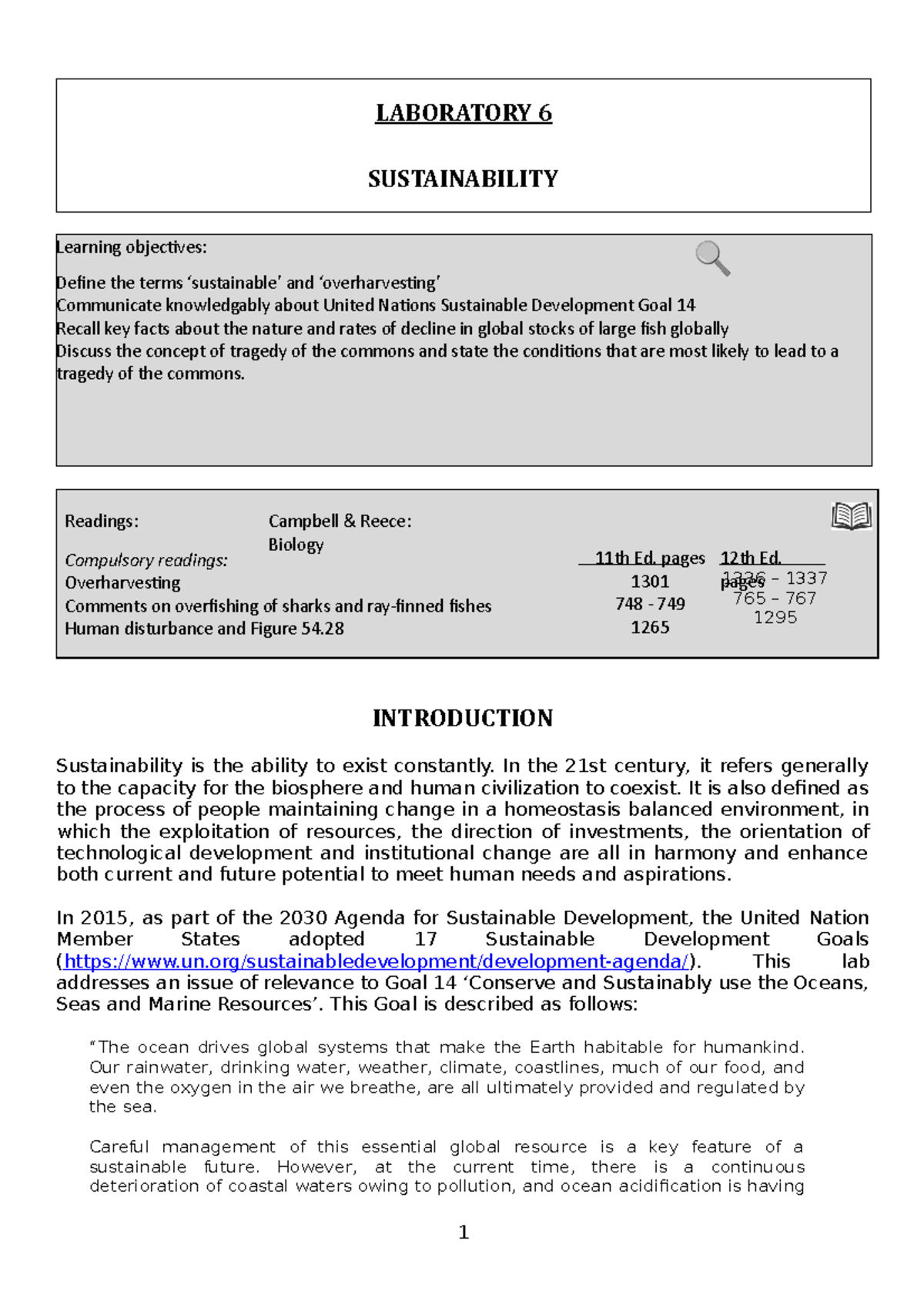 Lab 5 Sustainability - Learning objectives: Define the terms ...