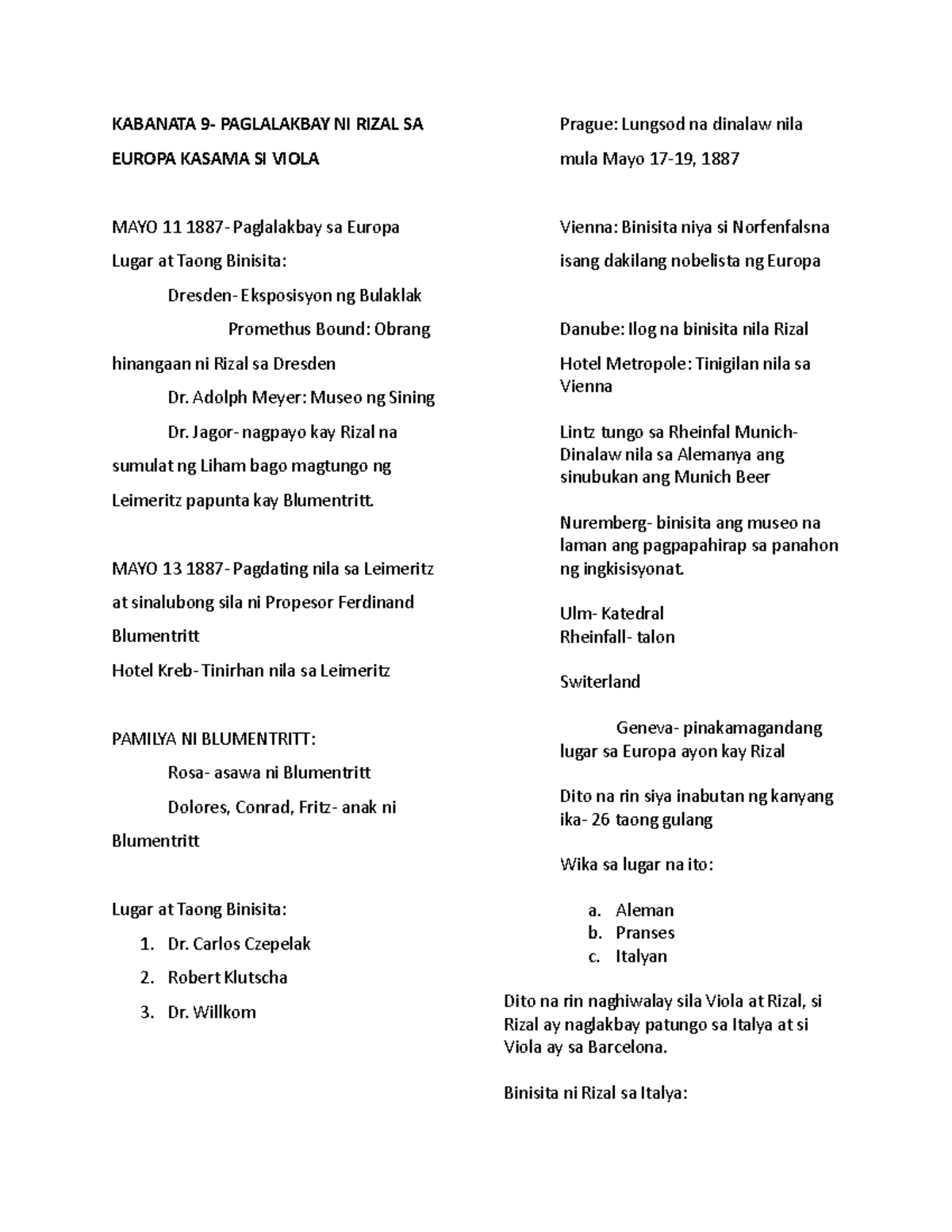 Rizal- Reviewer - KABANATA 9- PAGLALAKBAY NI RIZAL SA EUROPA KASAMA SI ...