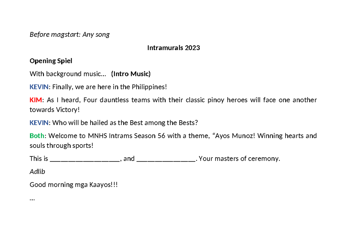 Intramurals 2023 Script - Before magstart: Any song Intramurals 2023 ...