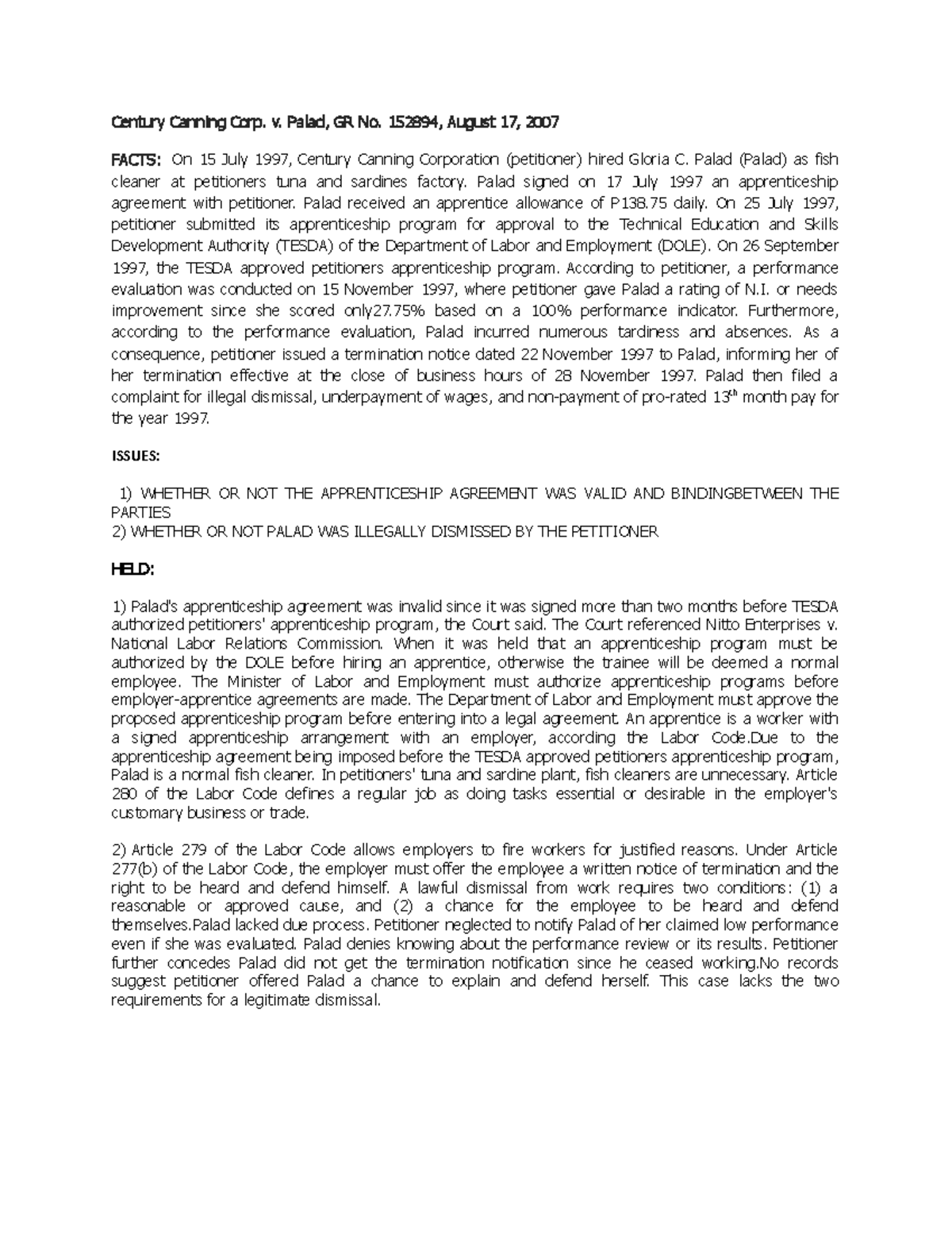 Labor digested cases - case digest - Century Canning Corp. v. Palad, GR ...