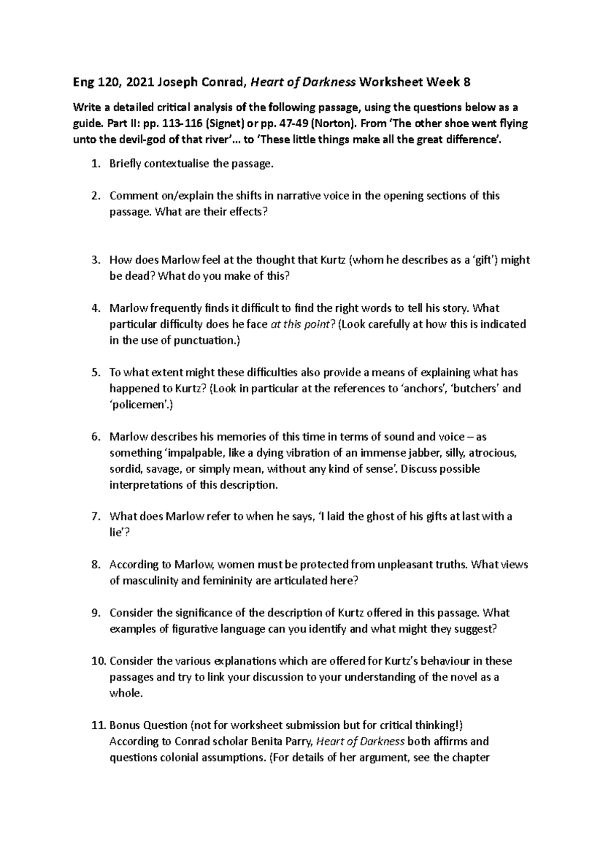 Week 9 Worksheet - Eng 120, 2021 Joseph Conrad, Heart of Darkness ...