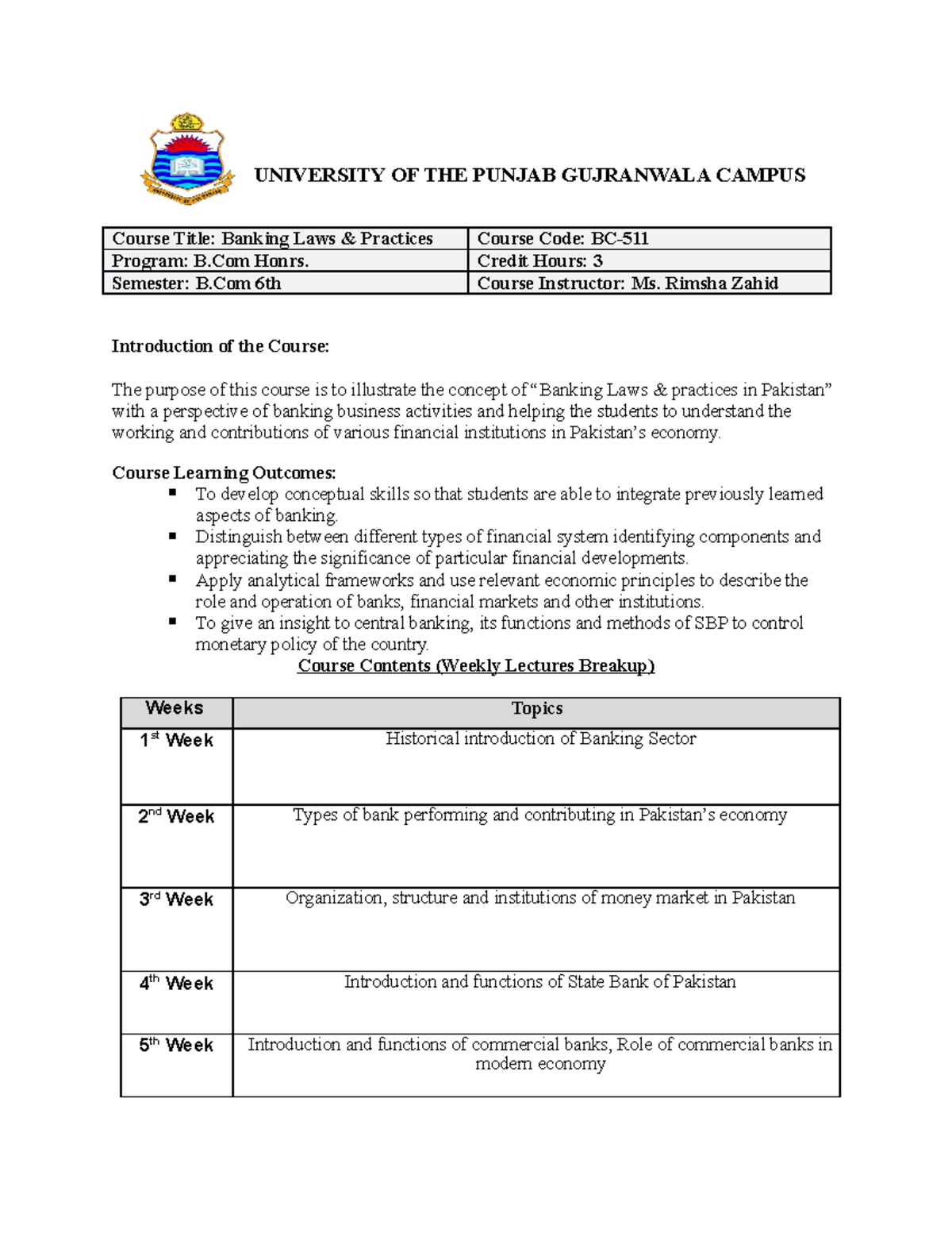 Banking Course outline 6th Semester - Course Title: Banking Laws ...