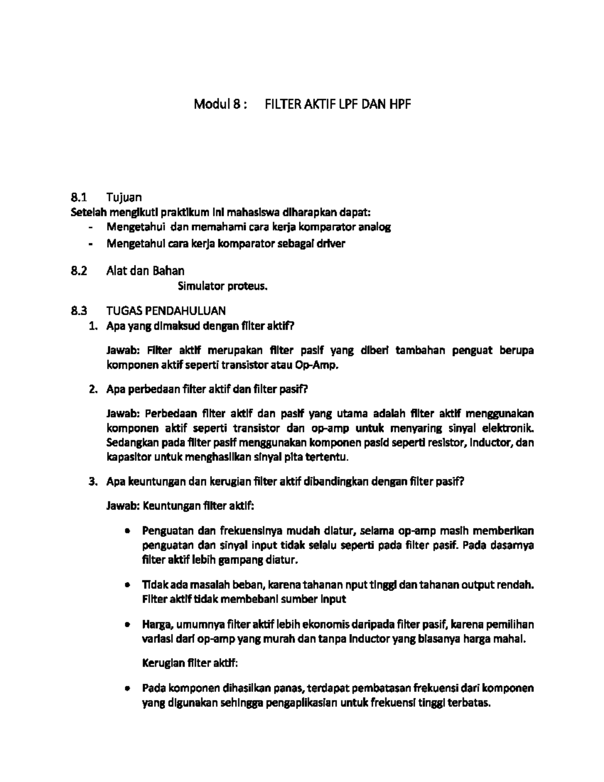 Modul 8 Filter Aktif LPF dan HPF - Mikroelektronika - Studocu