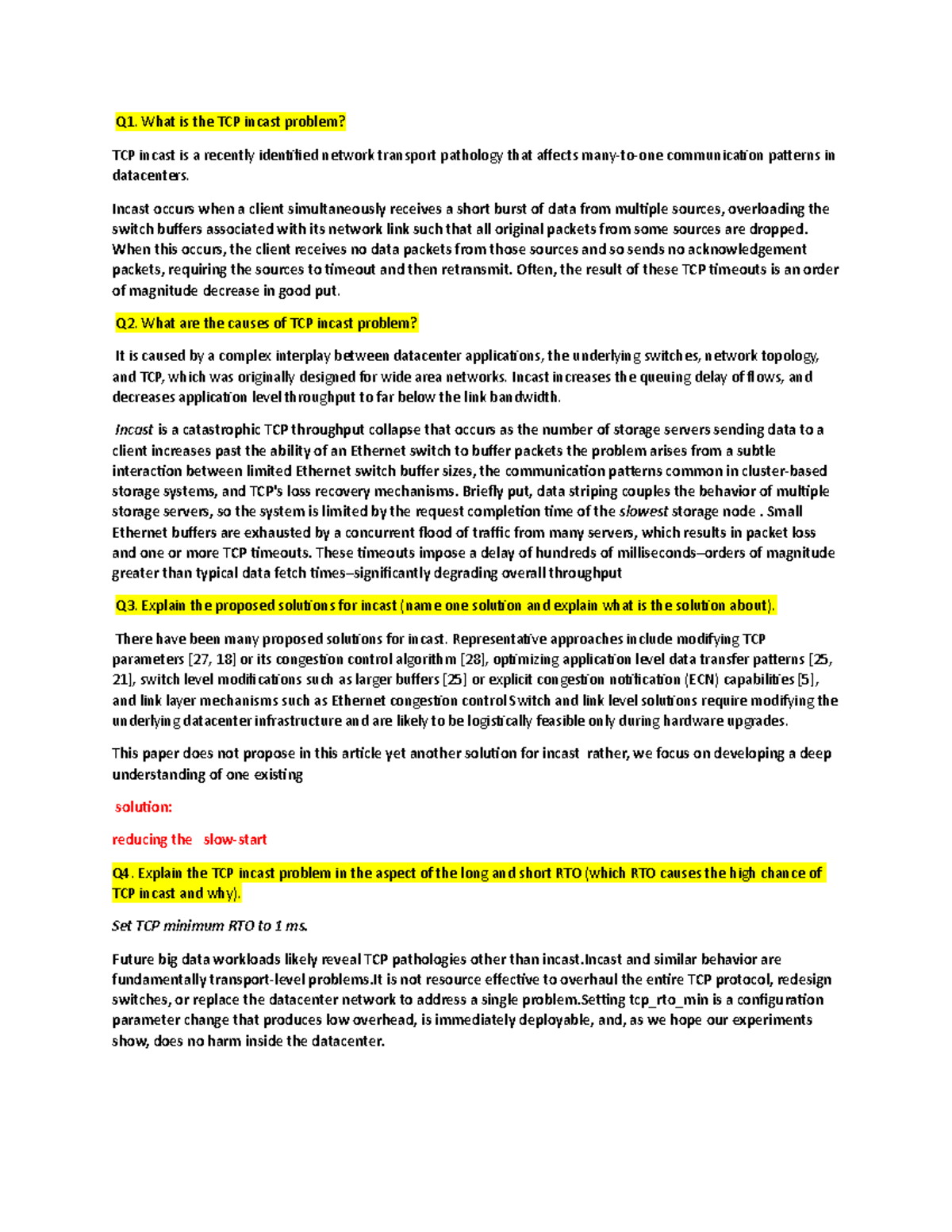 Incast paper answers - Q1. What is the TCP incast problem? TCP incast ...