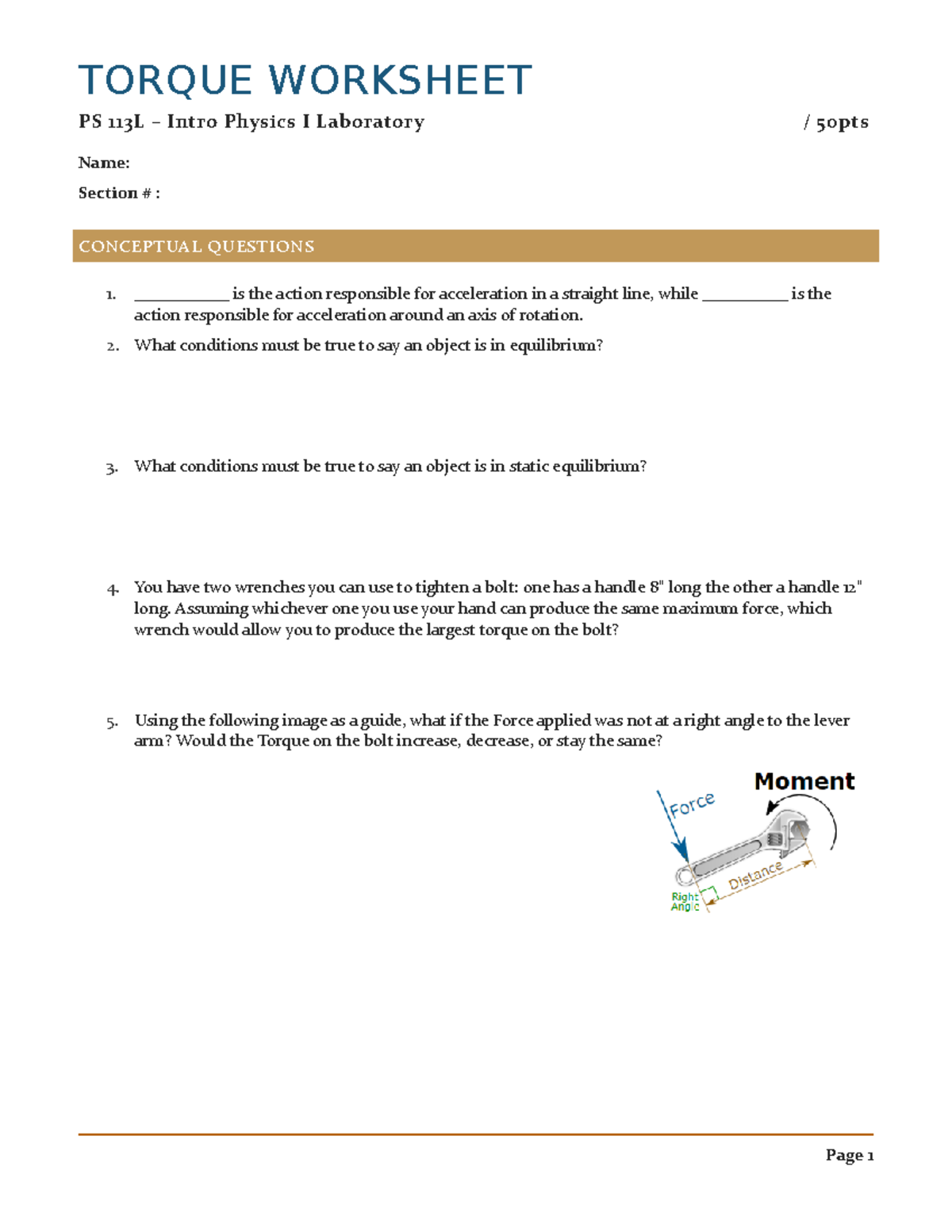 Torque worksheet-2 - Lab - TORQUE WORKSHEET PS 113L – Intro Physics I ...
