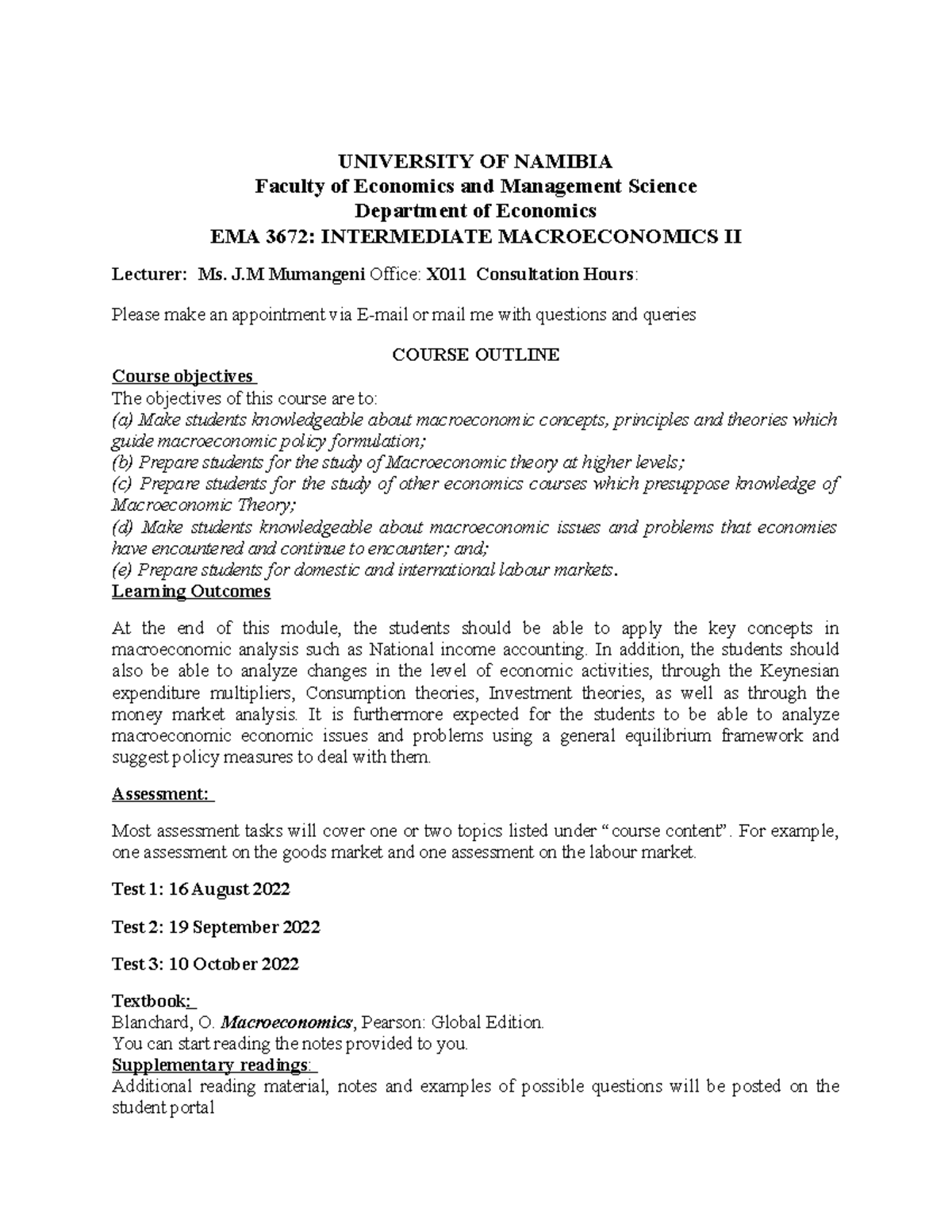 EMA 3672 Course Outline 2022 - UNIVERSITY OF NAMIBIA Faculty of ...