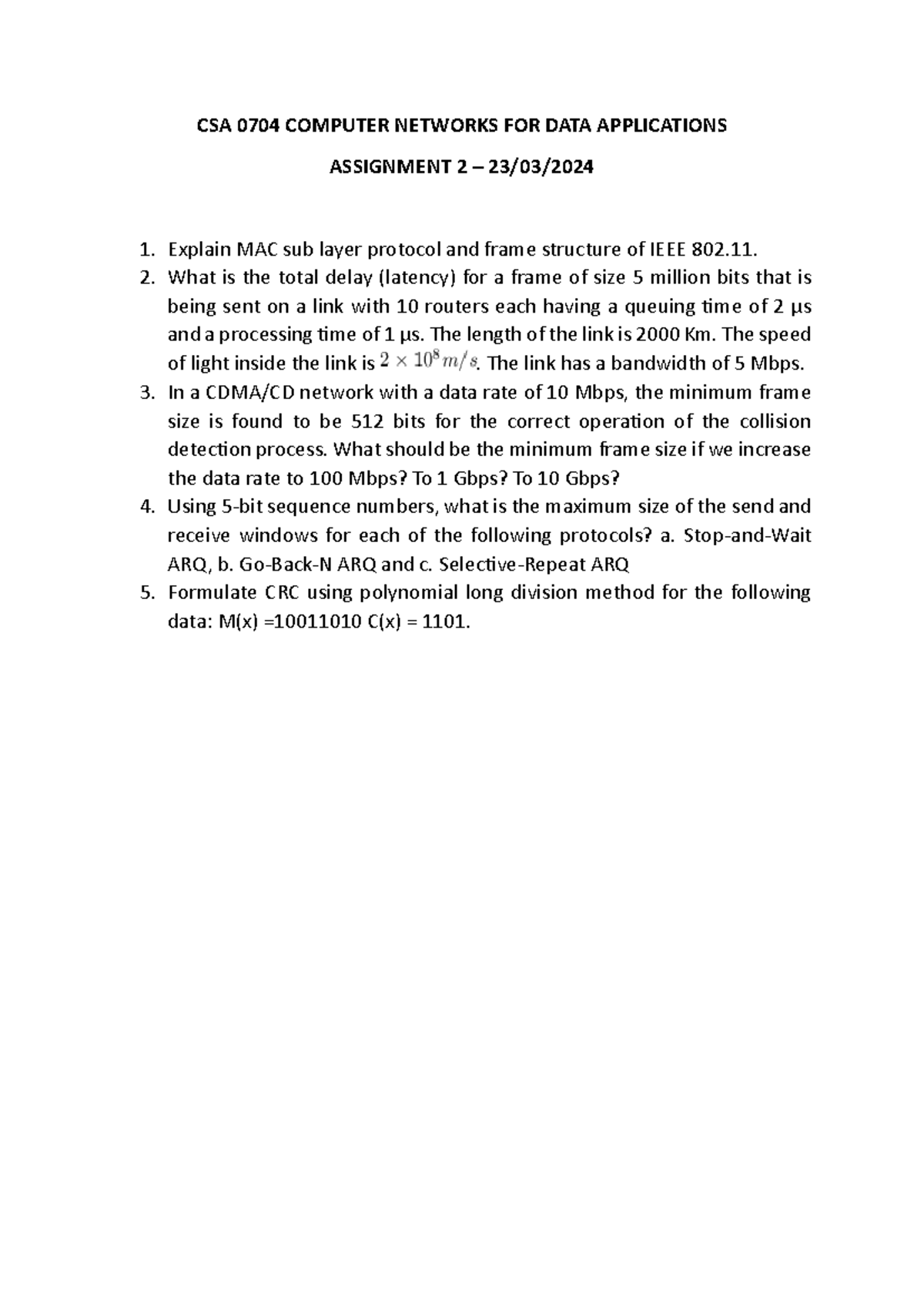 Assignment 2 - CSA 07 04 COMPUTER NETWORKS FOR DATA APPLICATIONS ...