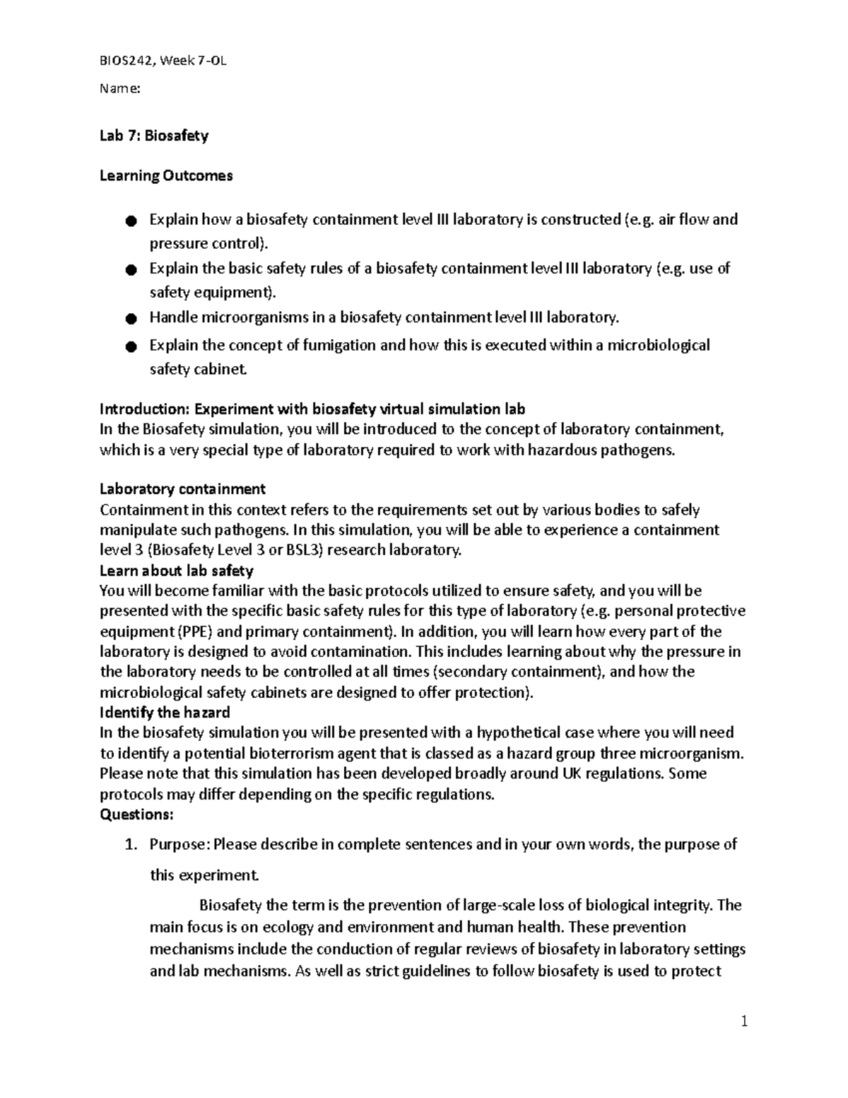OL Biosafety-1 - assignment - BIOS242, Week 7-OL Name: Lab 7: Biosafety Learning Outcomes ...
