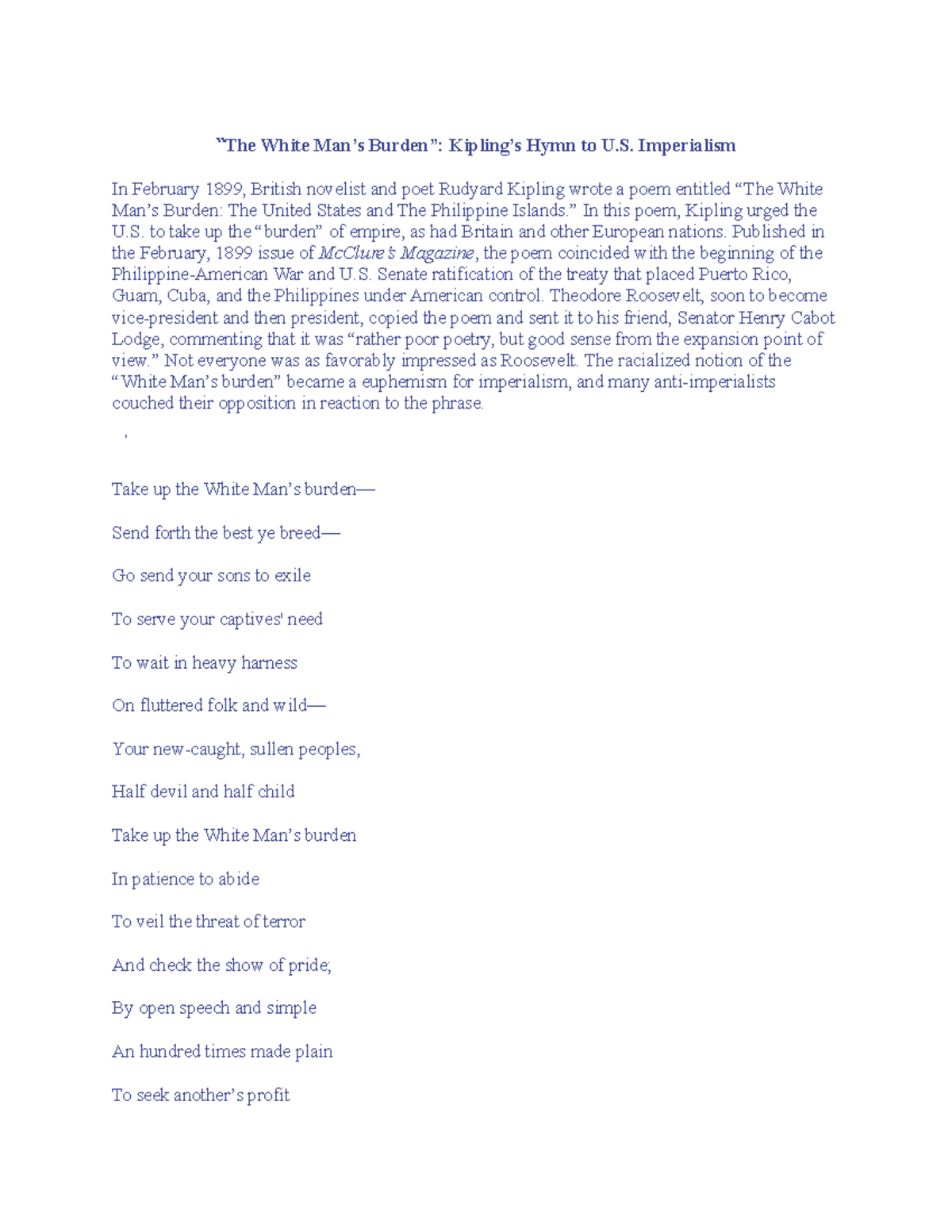 The Burden - “The White Man’s Burden”: Kipling’s Hymn to U. Imperialism ...