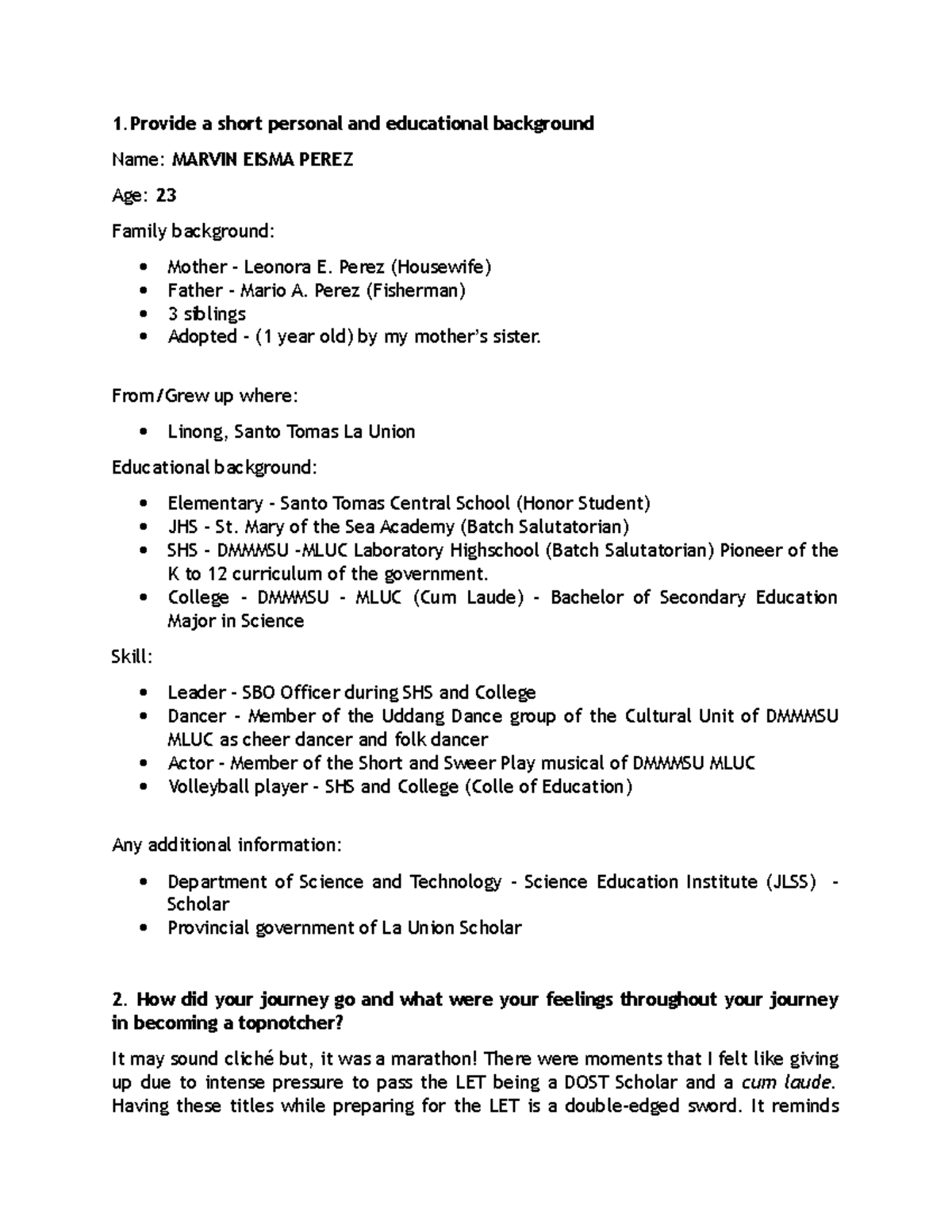 Top-notcher Interview - 1 a short personal and educational background ...