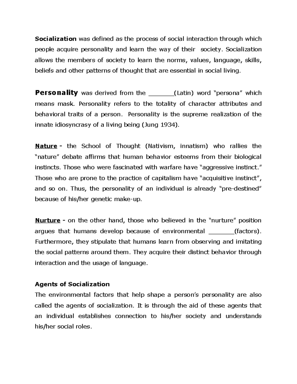 Gensoc - Socialization was defined as the process of social interaction ...